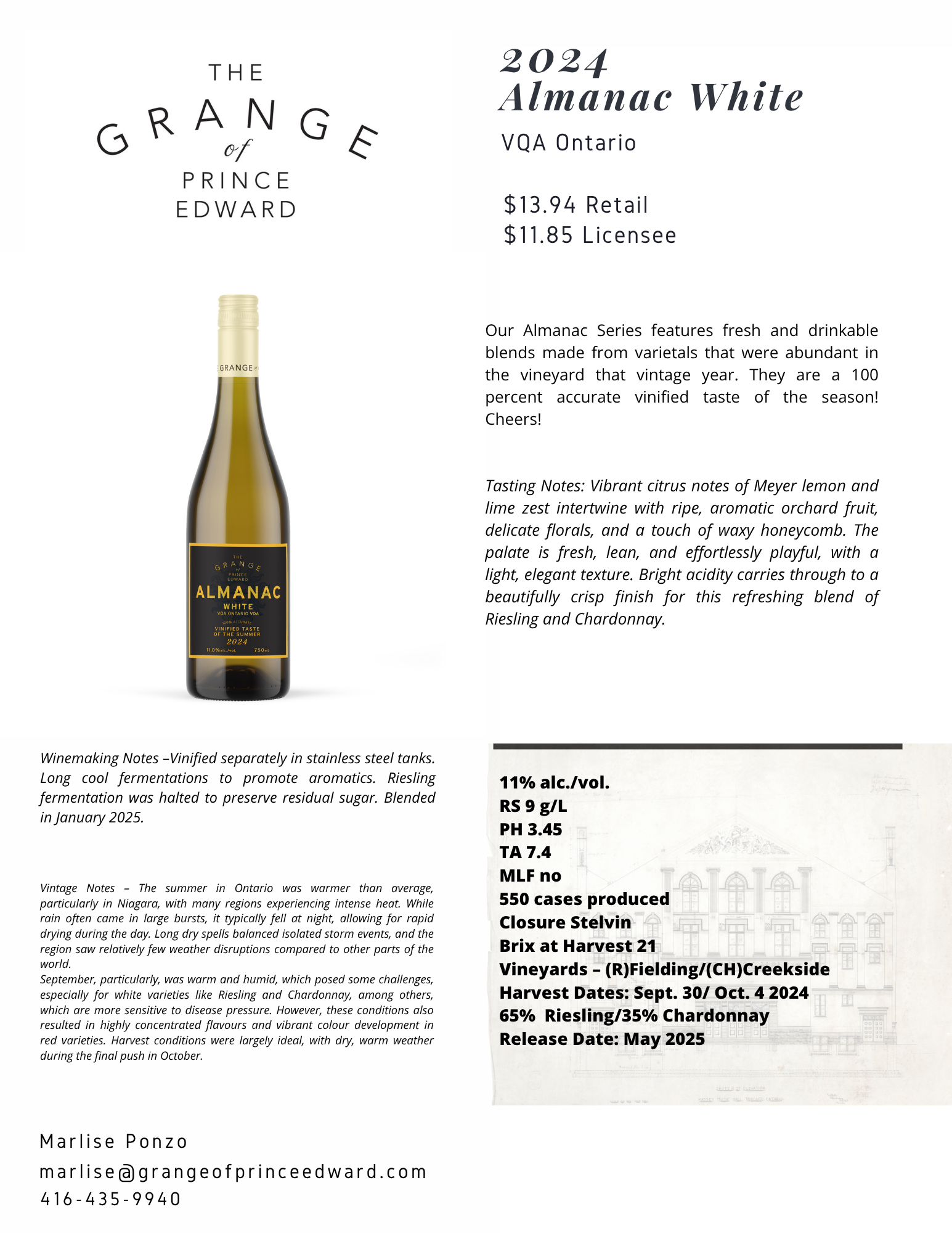 Tech Sheets — Grange of Prince Edward Winery