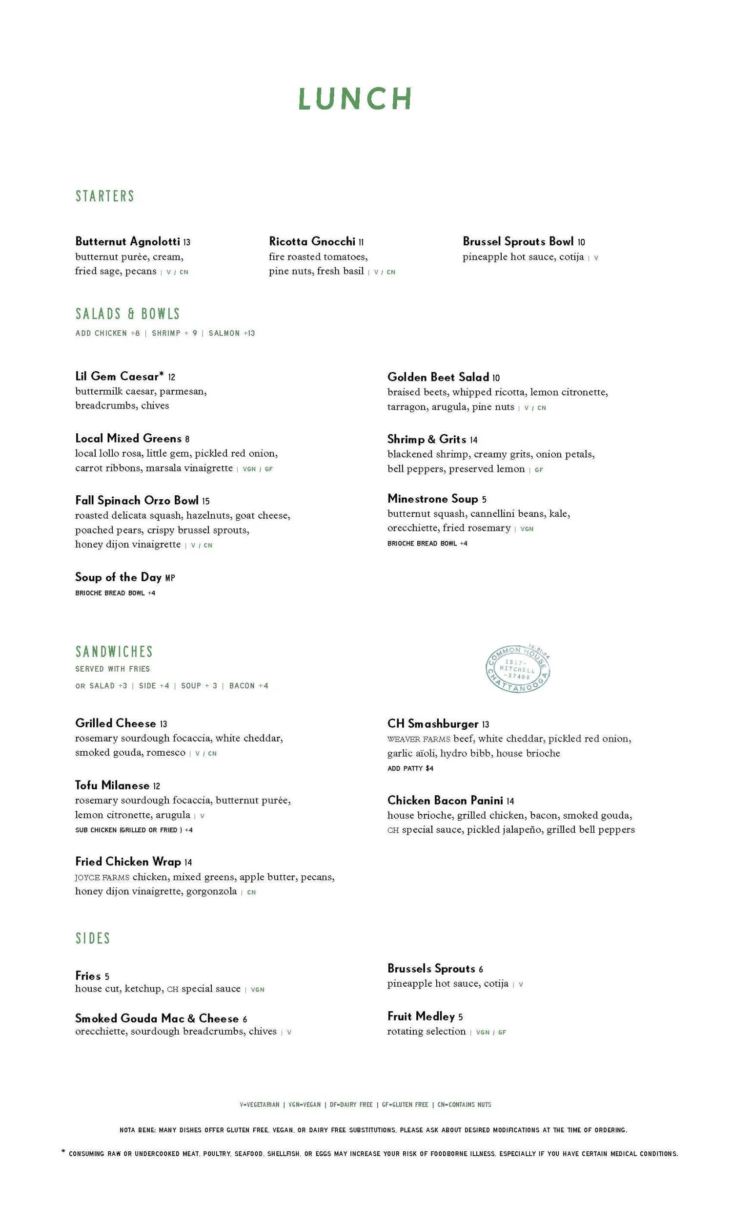 Chattanooga Menu | Common House
