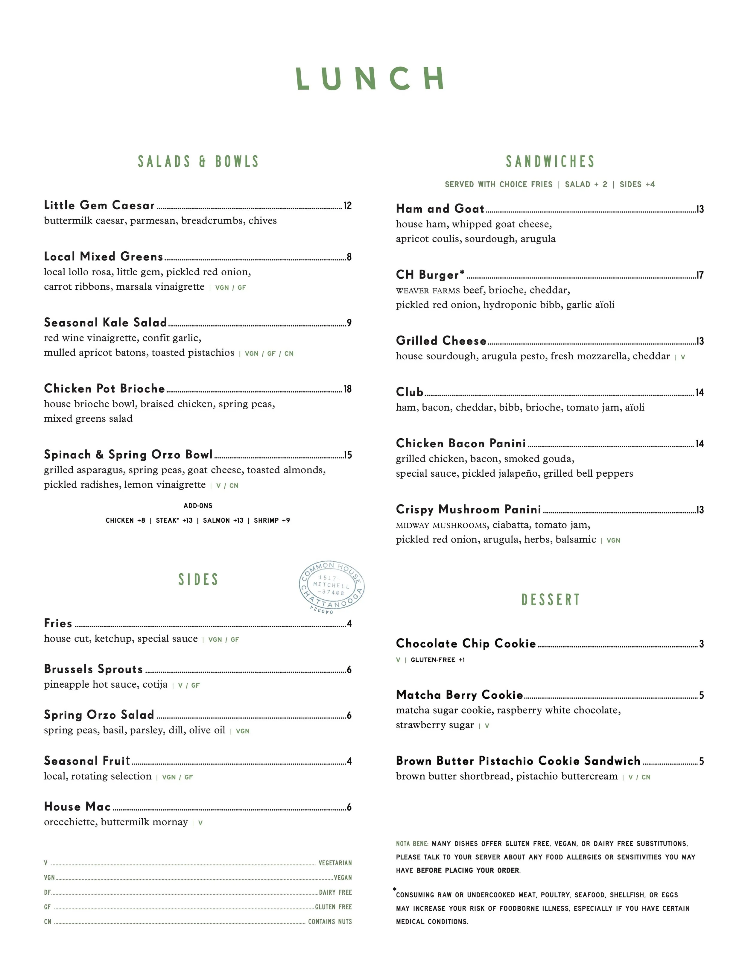 Chattanooga Menu — Common House