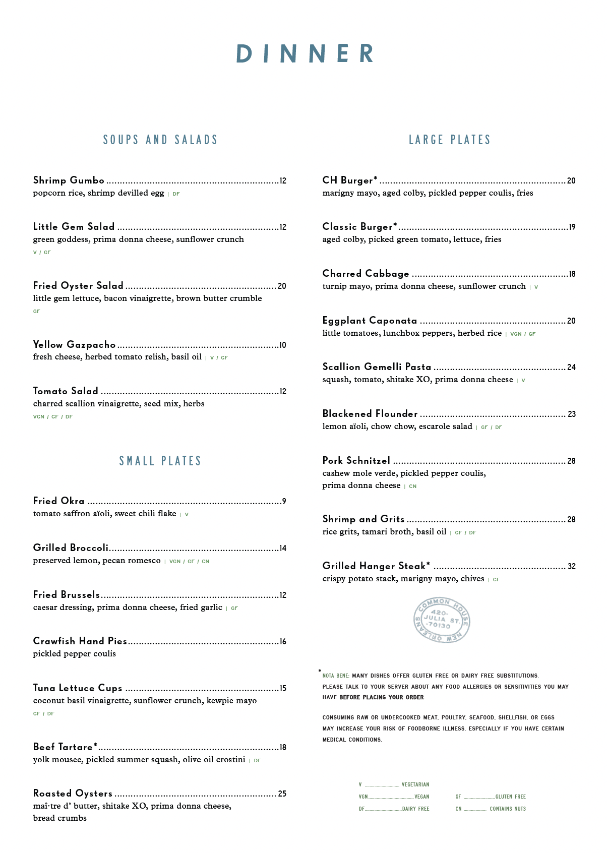 * Nola Menu * — Common House