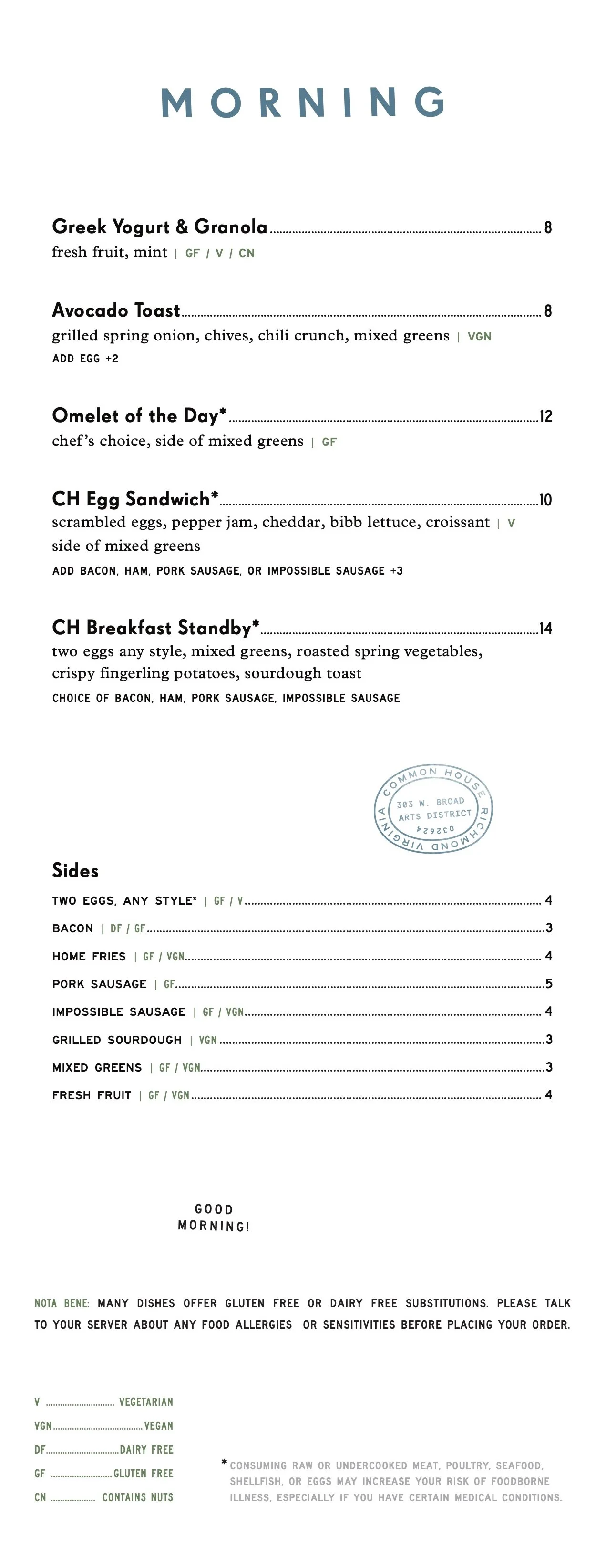 Richmond Menu — Common House