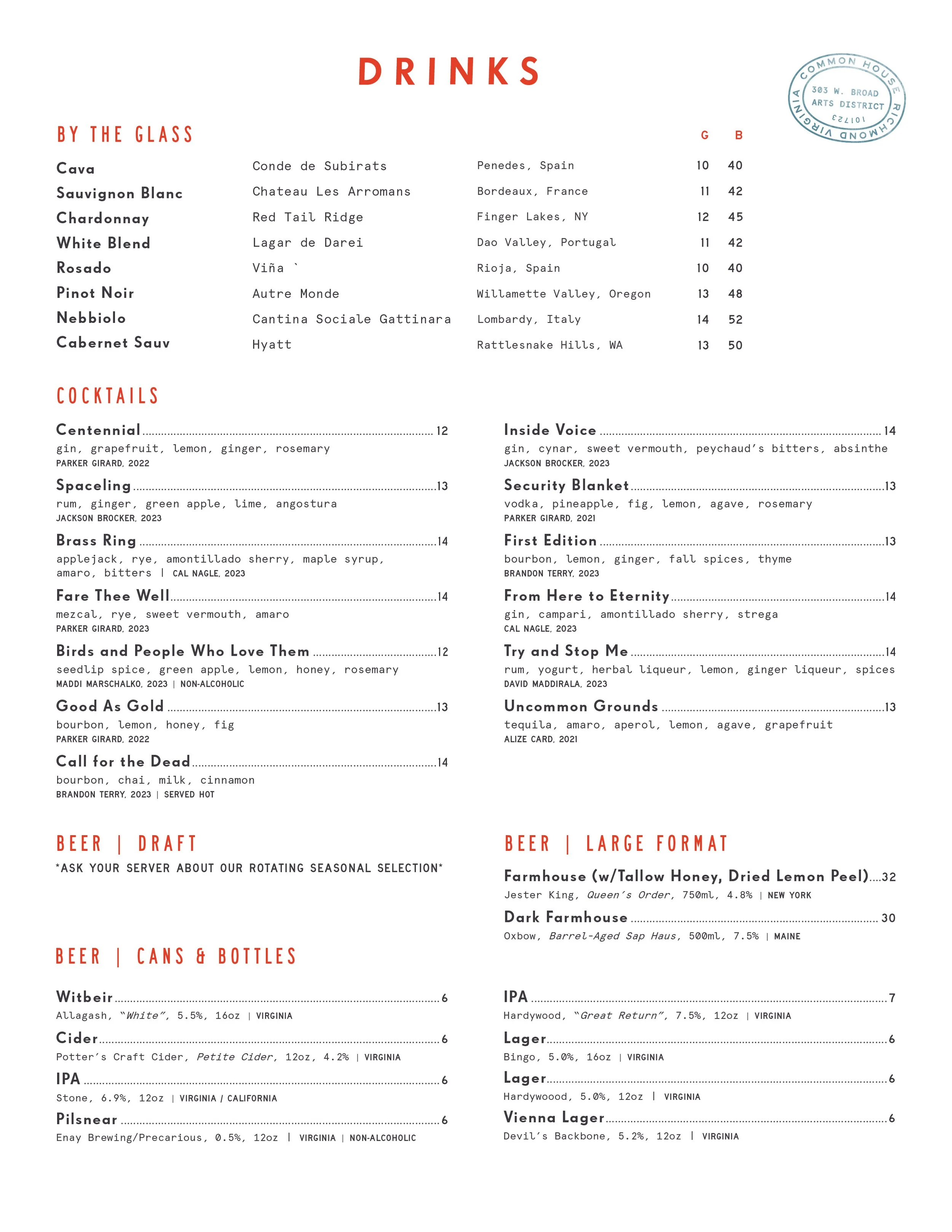 Richmond Menu — Common House