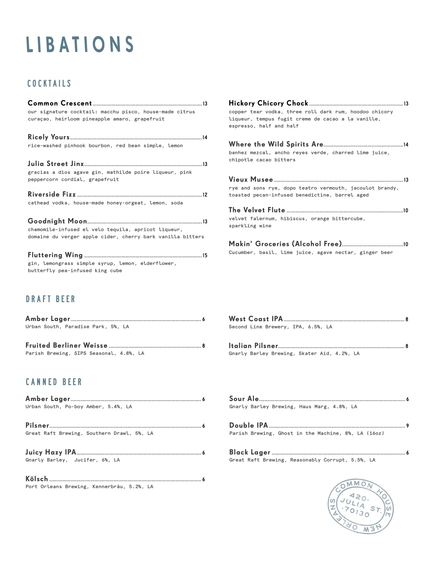 * Nola Menu * — Common House