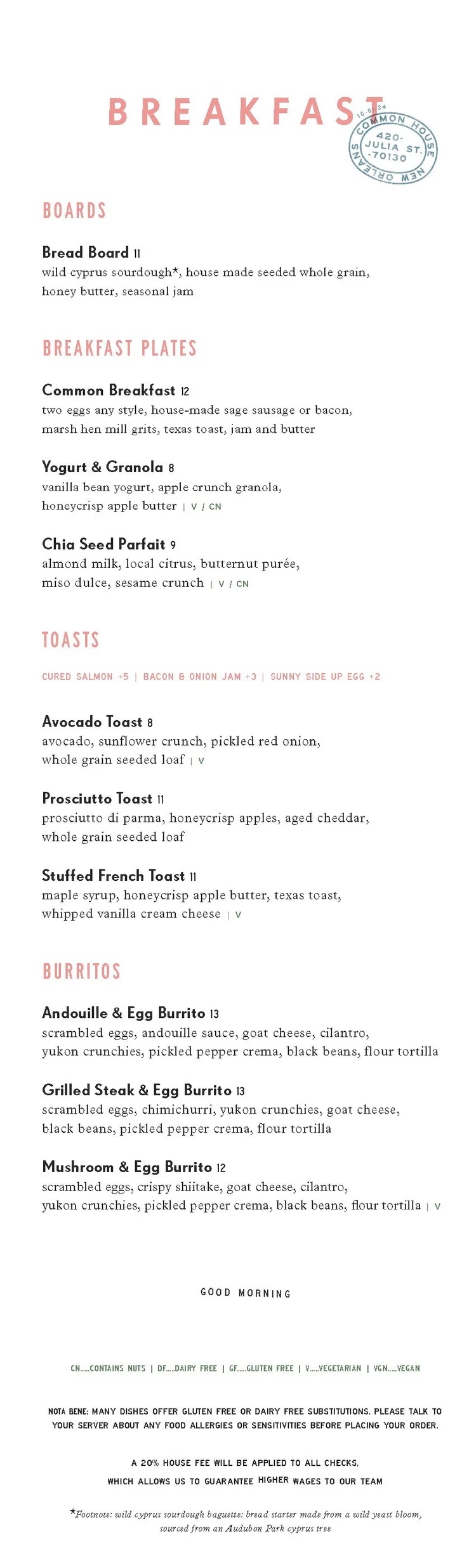 New Orleans Menu | Common House