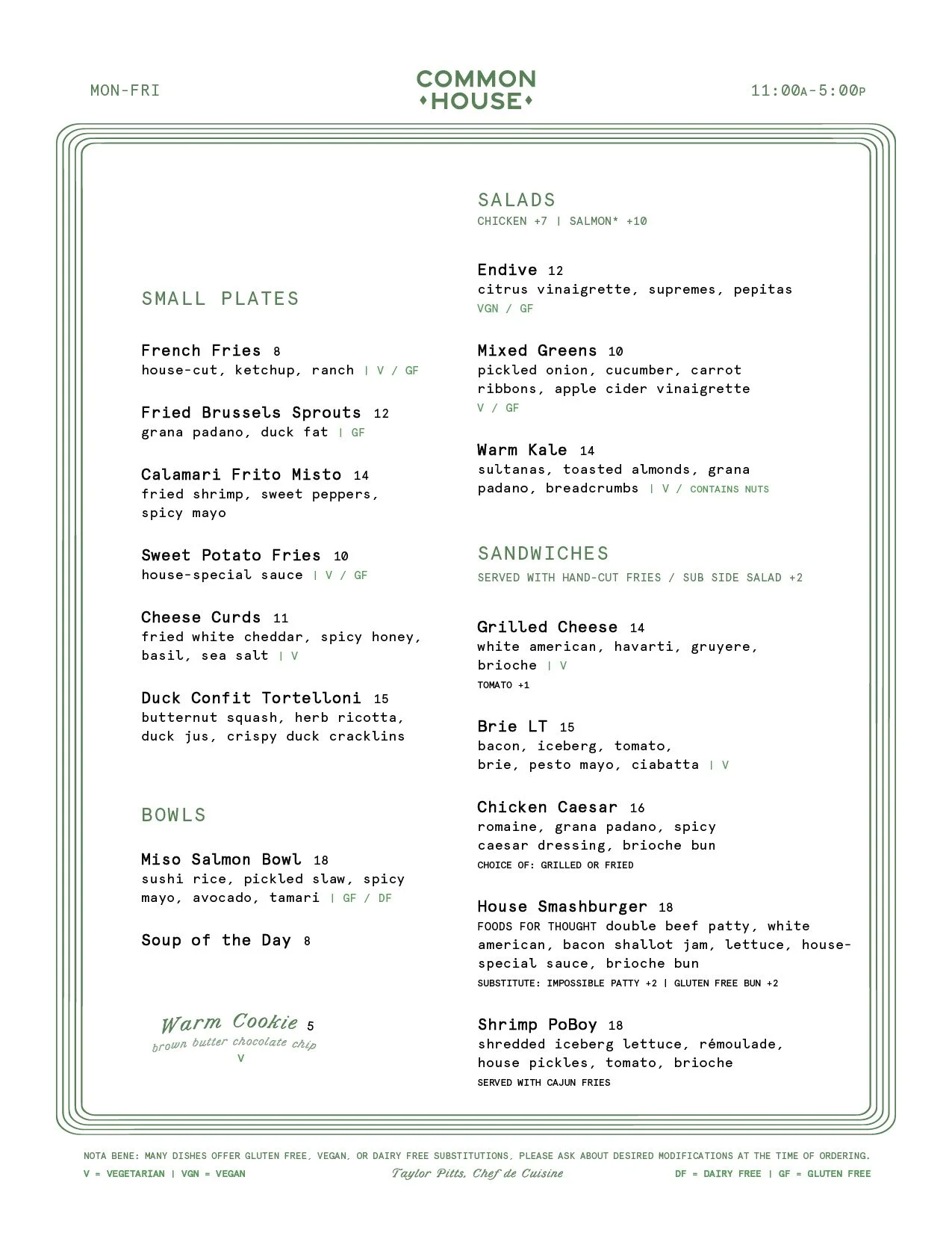 Charlottesville Menu | Common House