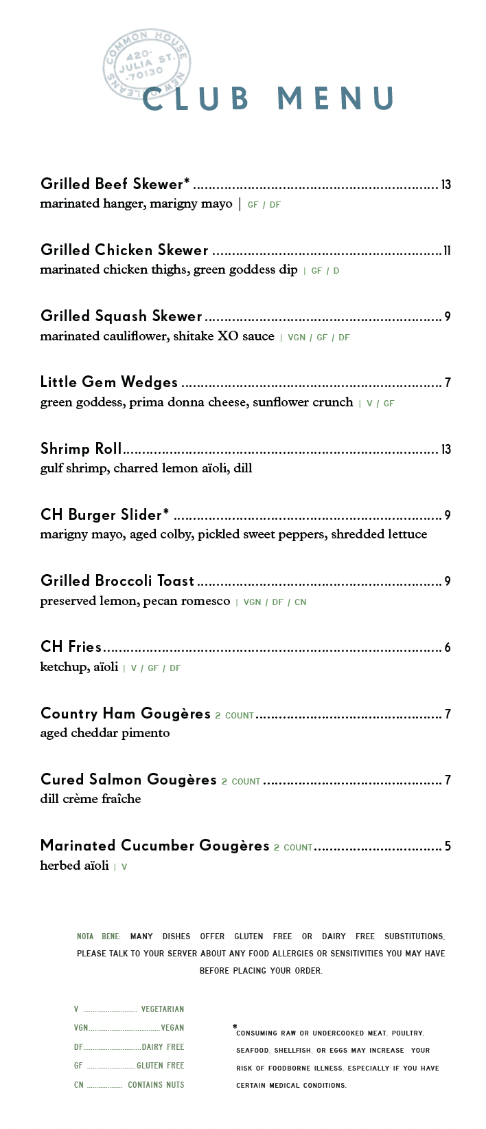 * Nola Menu * — Common House
