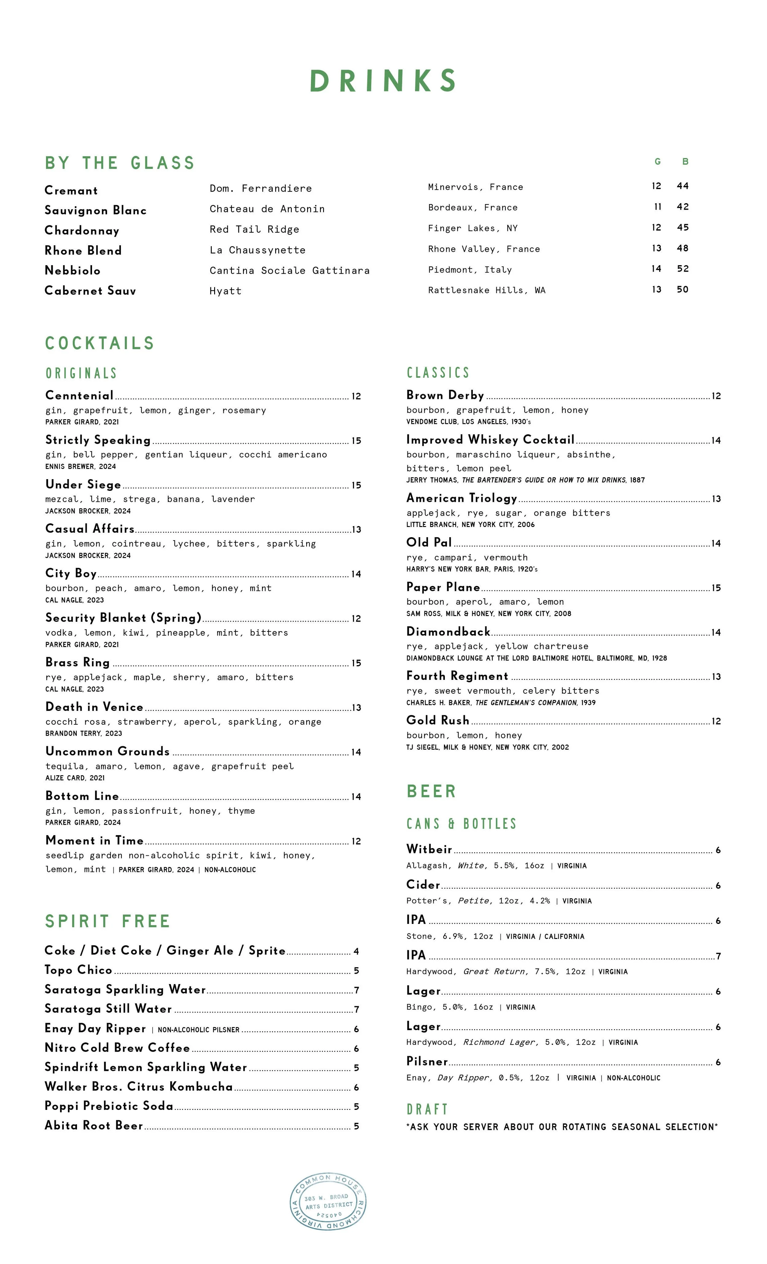 Richmond Menu — Common House