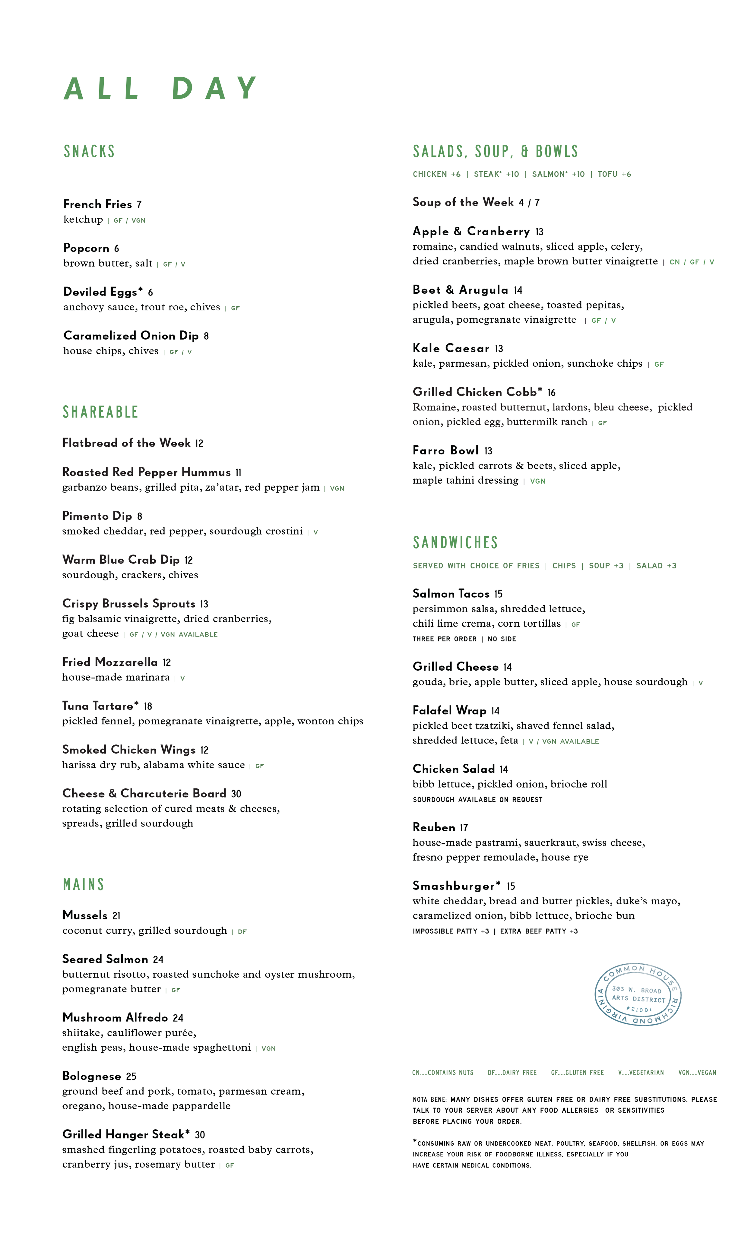 Richmond Menu | Common House