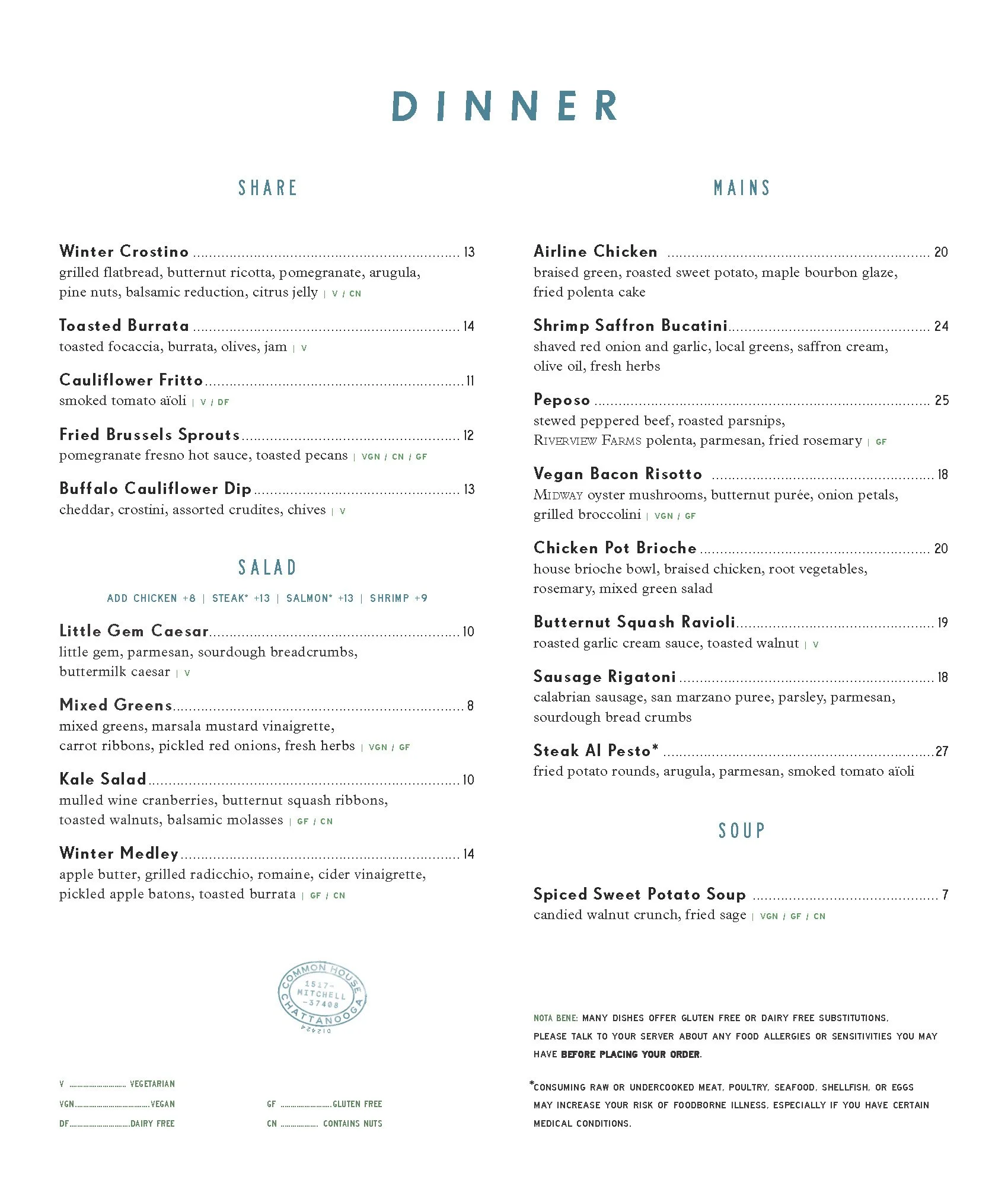 Chattanooga Menu — Common House