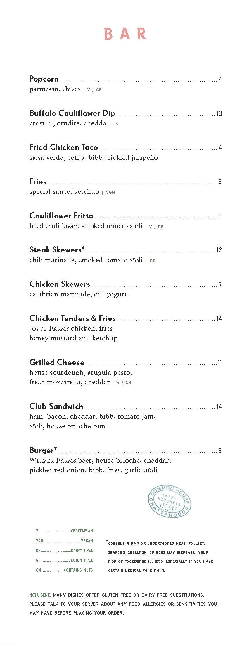 Chattanooga Menu — Common House