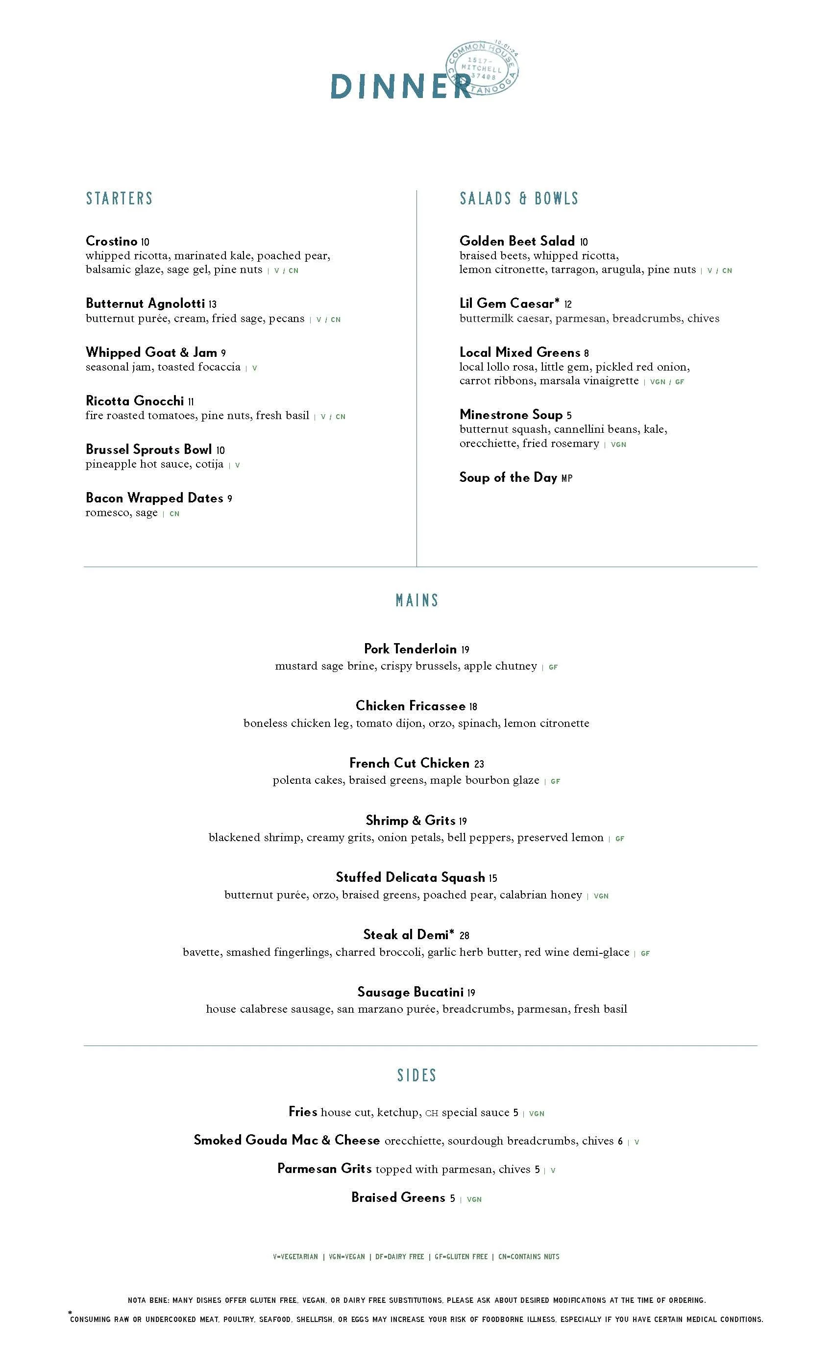 Chattanooga Menu | Common House