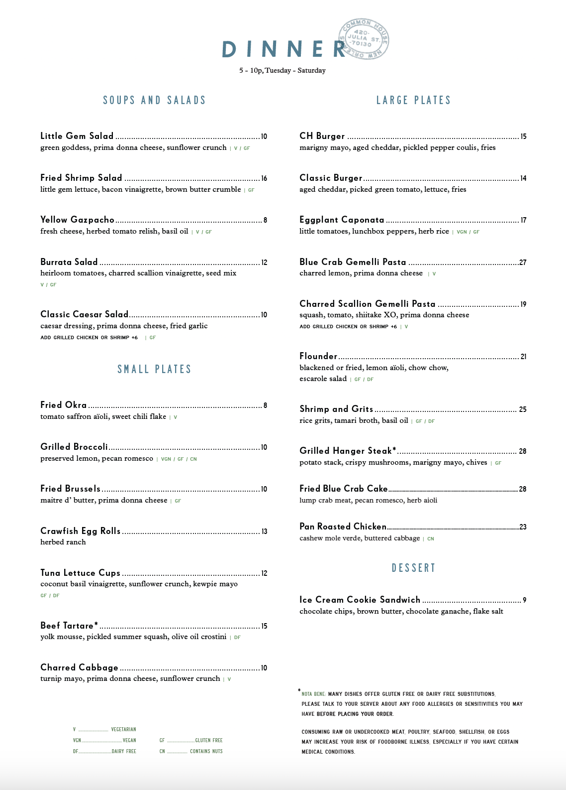 * Nola Menu * — Common House