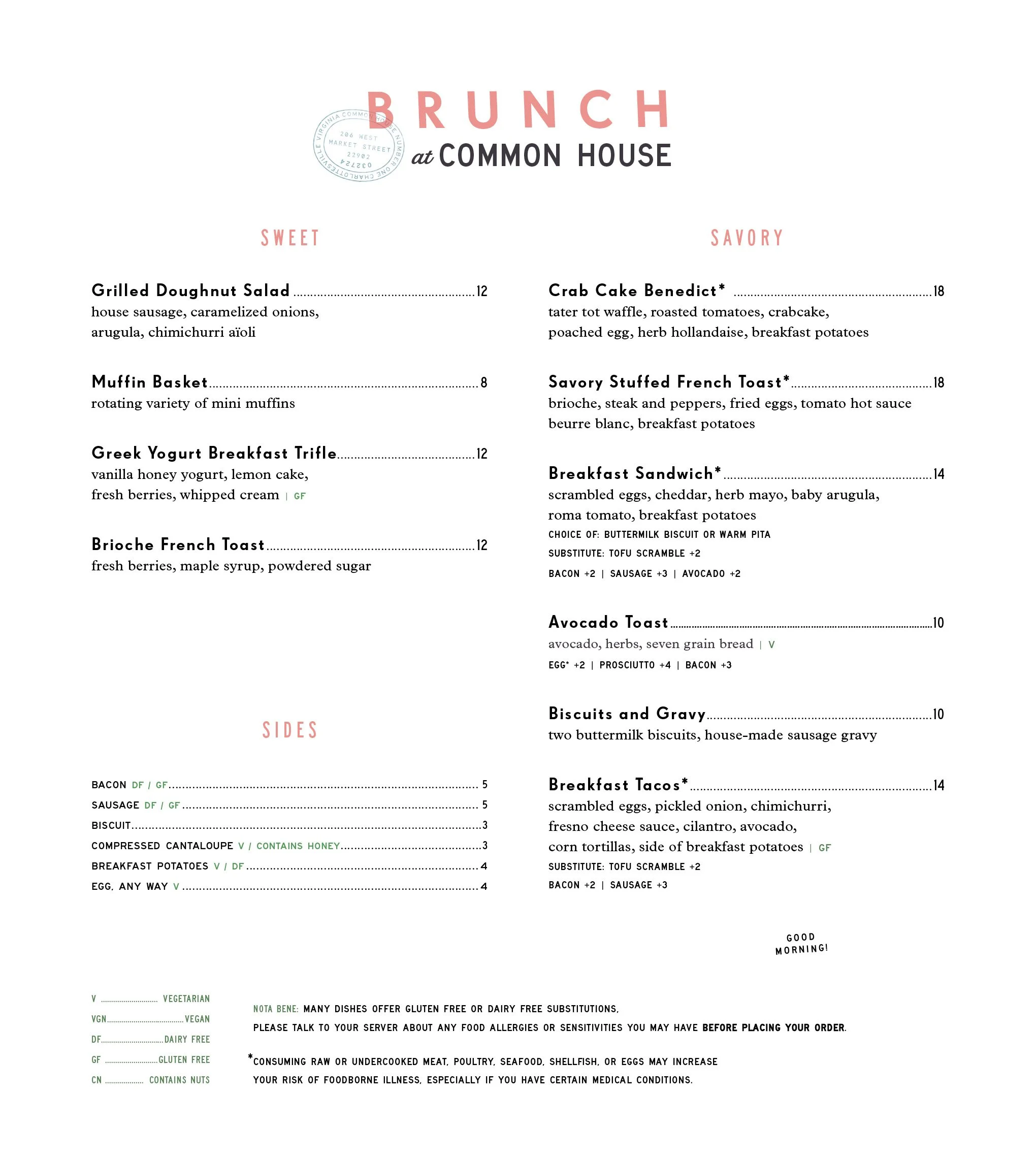 Charlottesville Menu — Common House
