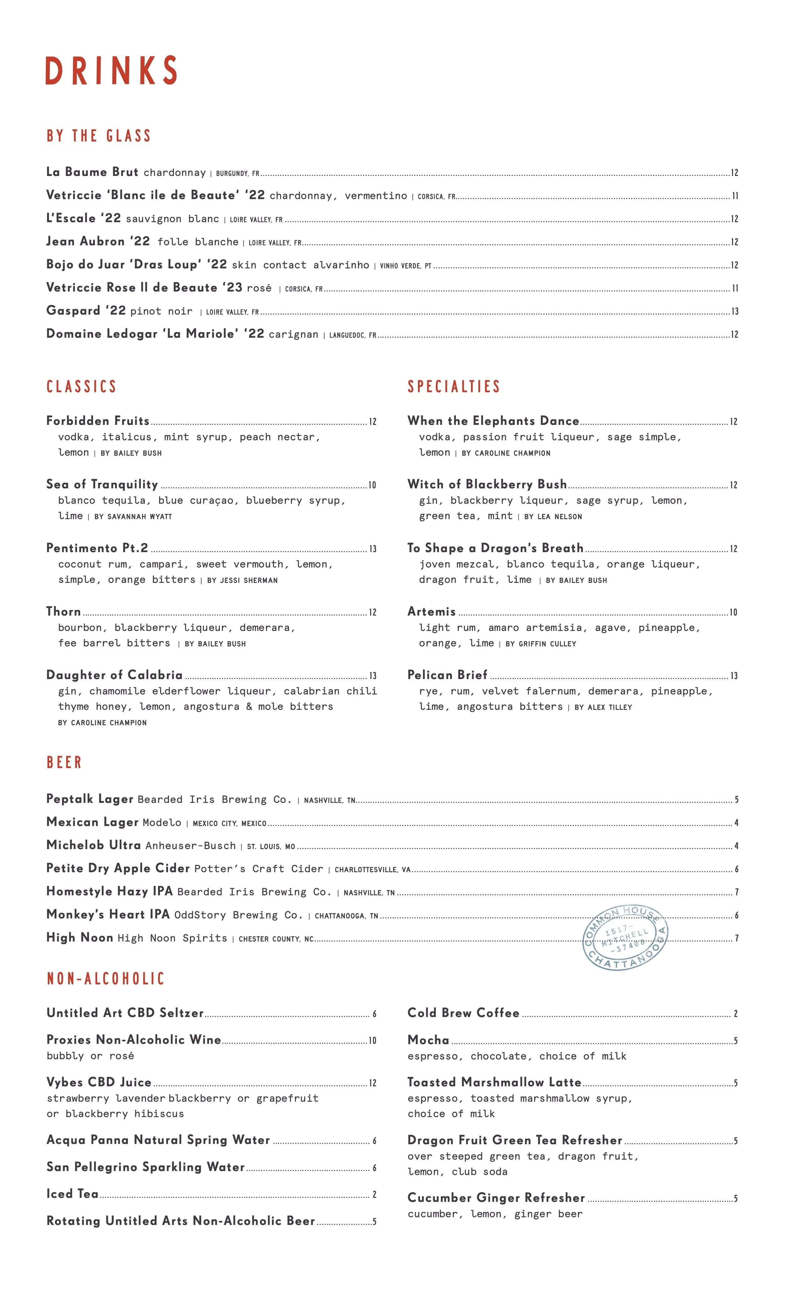 Chattanooga Menu — Common House