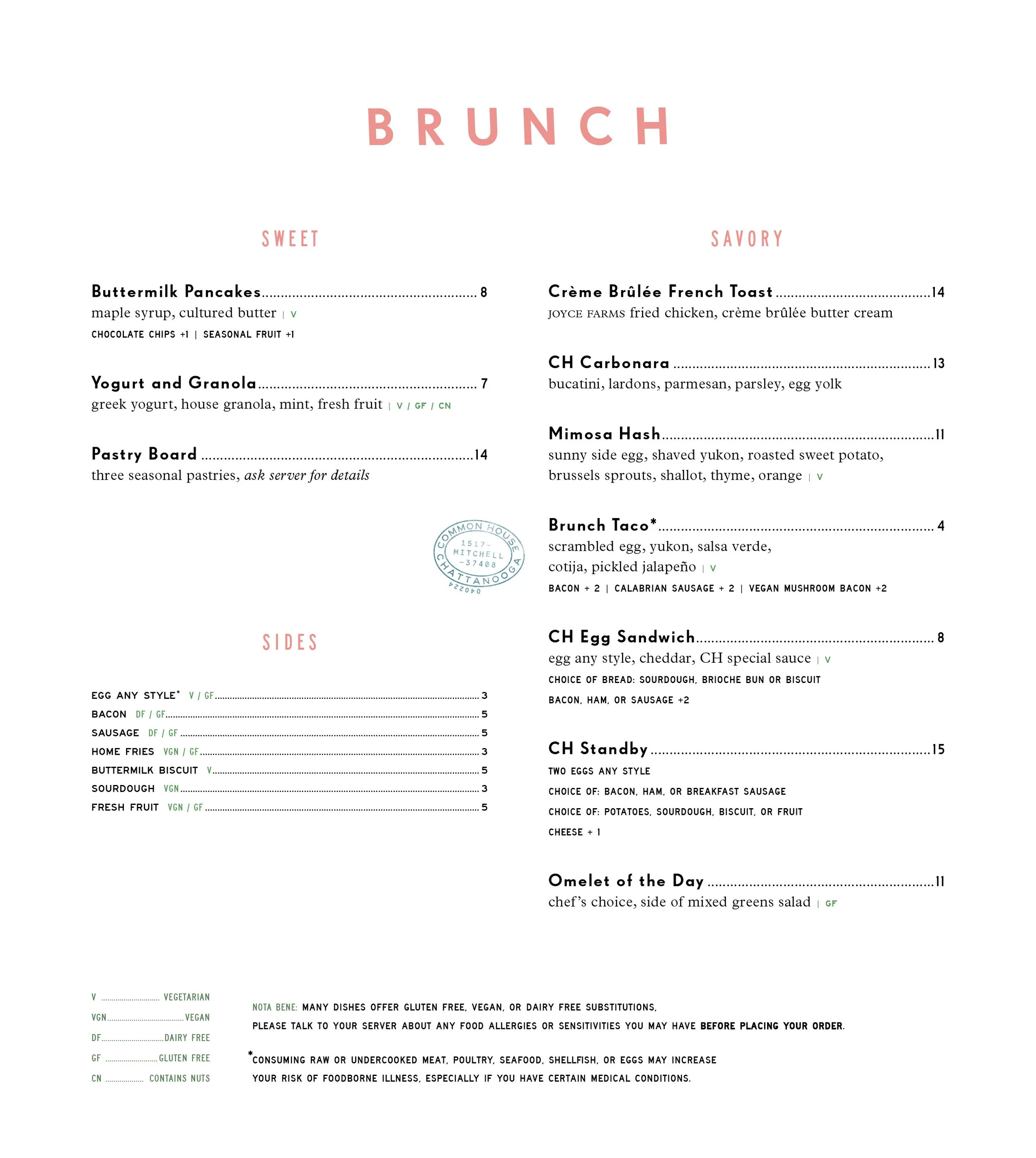 Chattanooga Menu — Common House