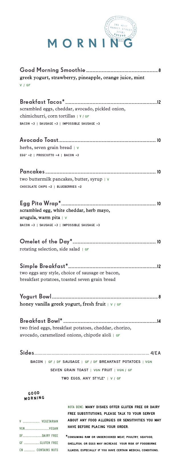 Charlottesville Menu — Common House