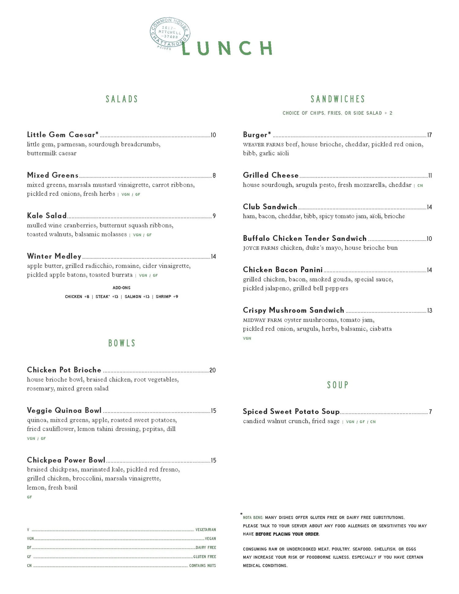 Chattanooga Menu — Common House