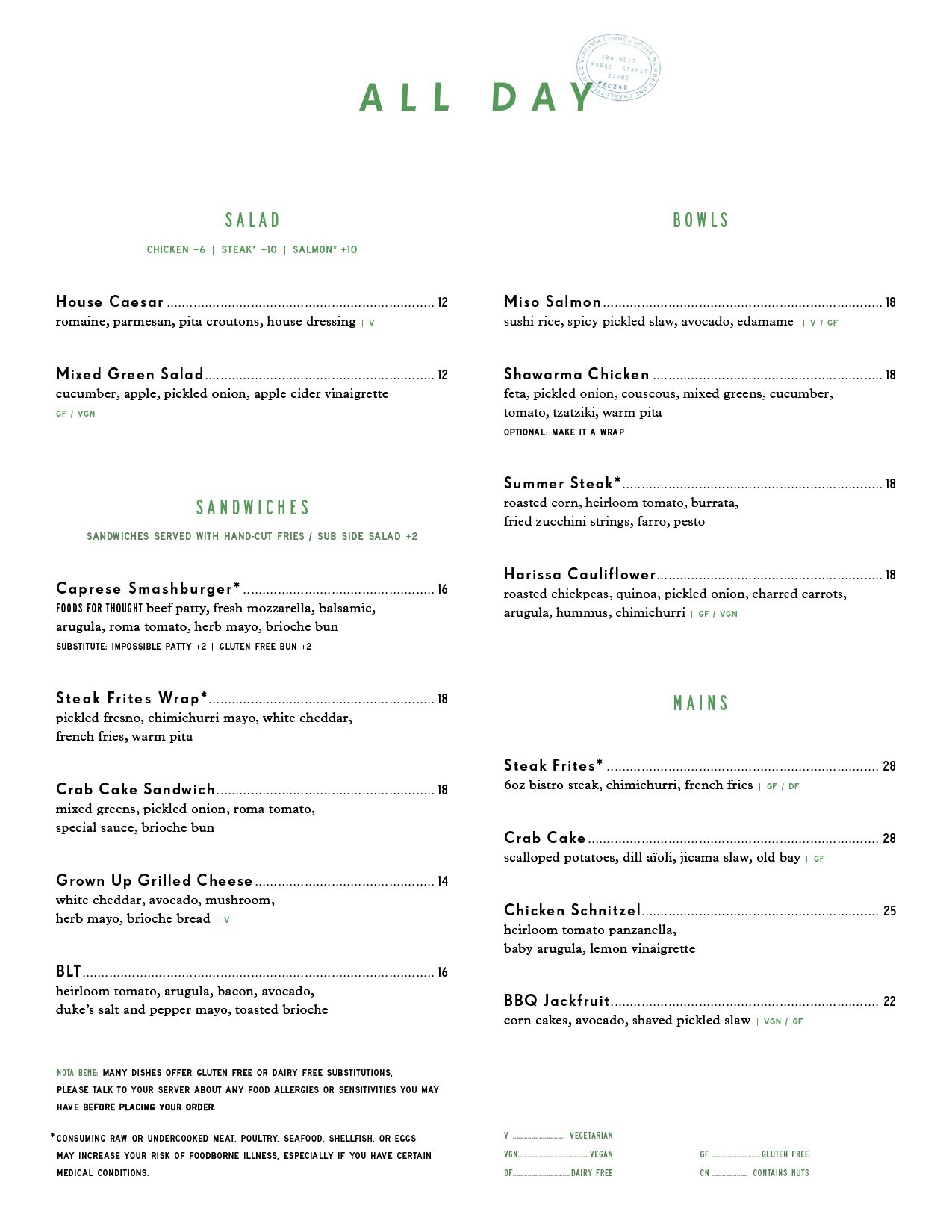 Charlottesville Menu — Common House