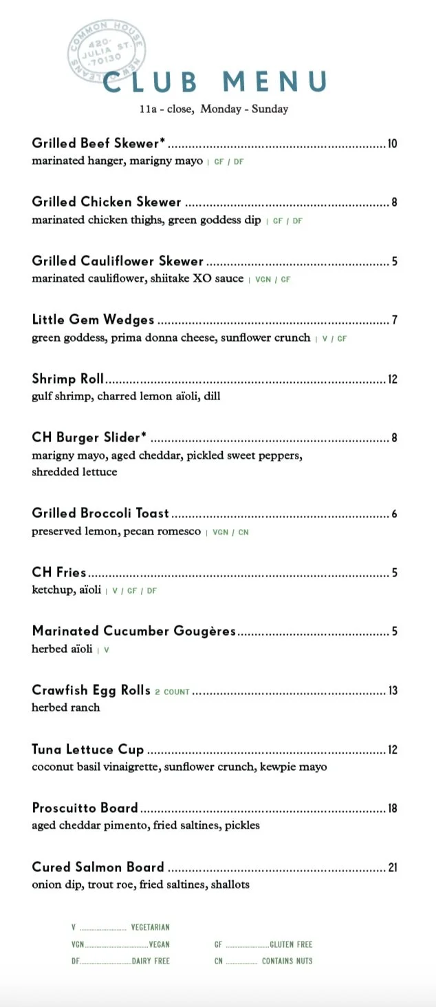 * Nola Menu * — Common House