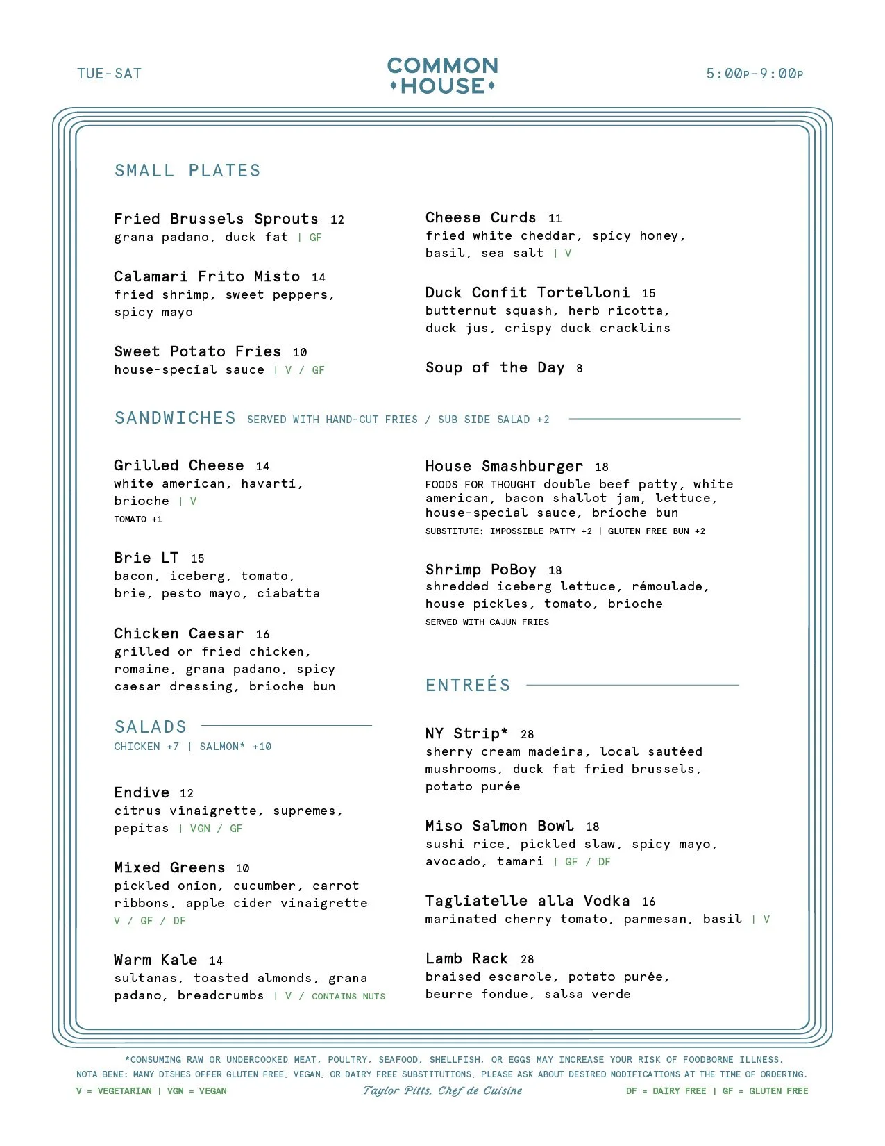 Charlottesville Menu | Common House