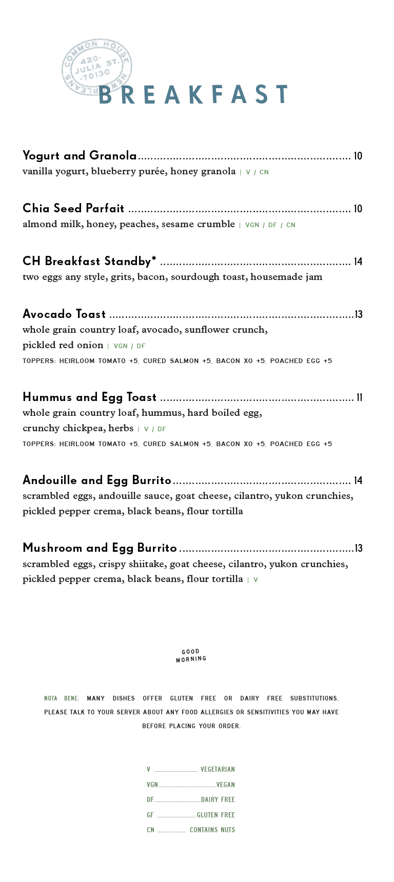 * Nola Menu * — Common House