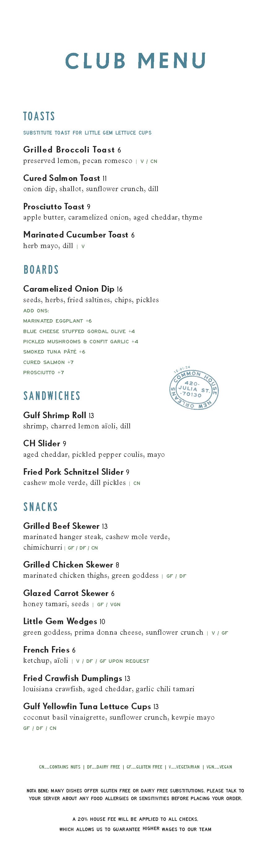 New Orleans Menu | Common House