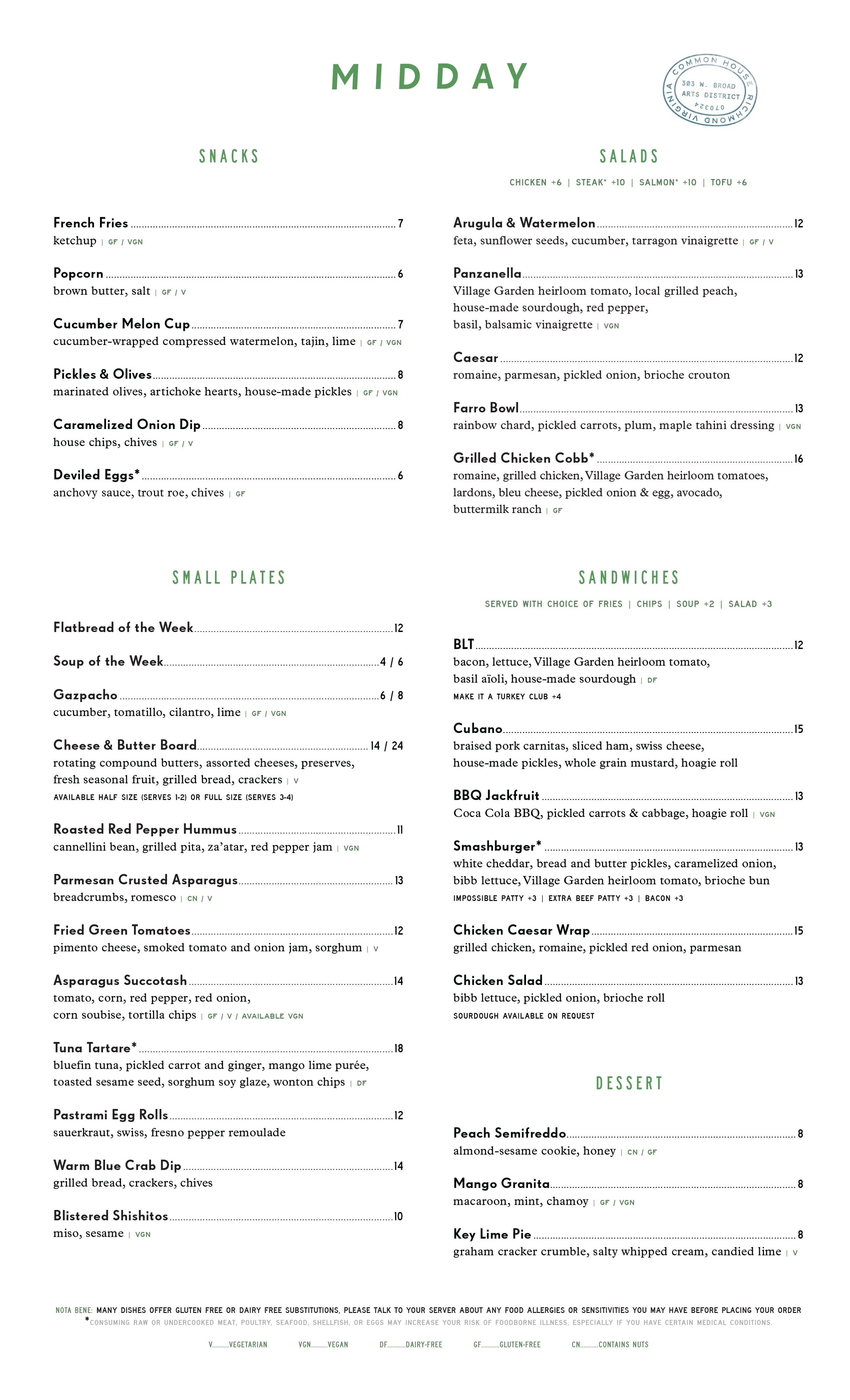 Richmond Menu — Common House