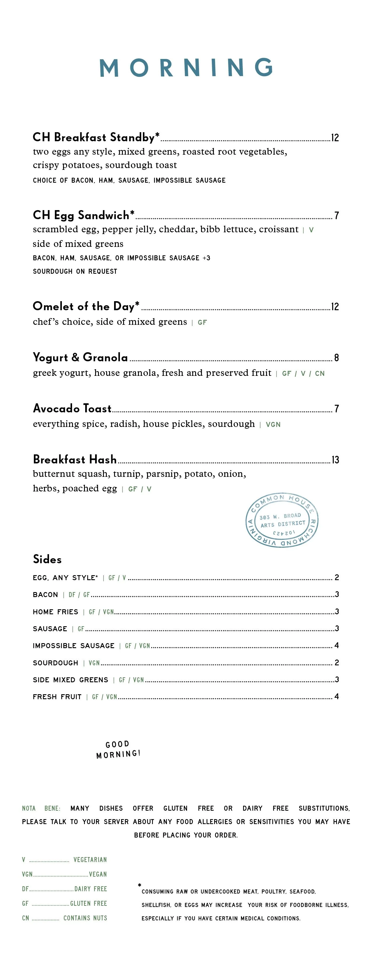 Richmond Menu — Common House