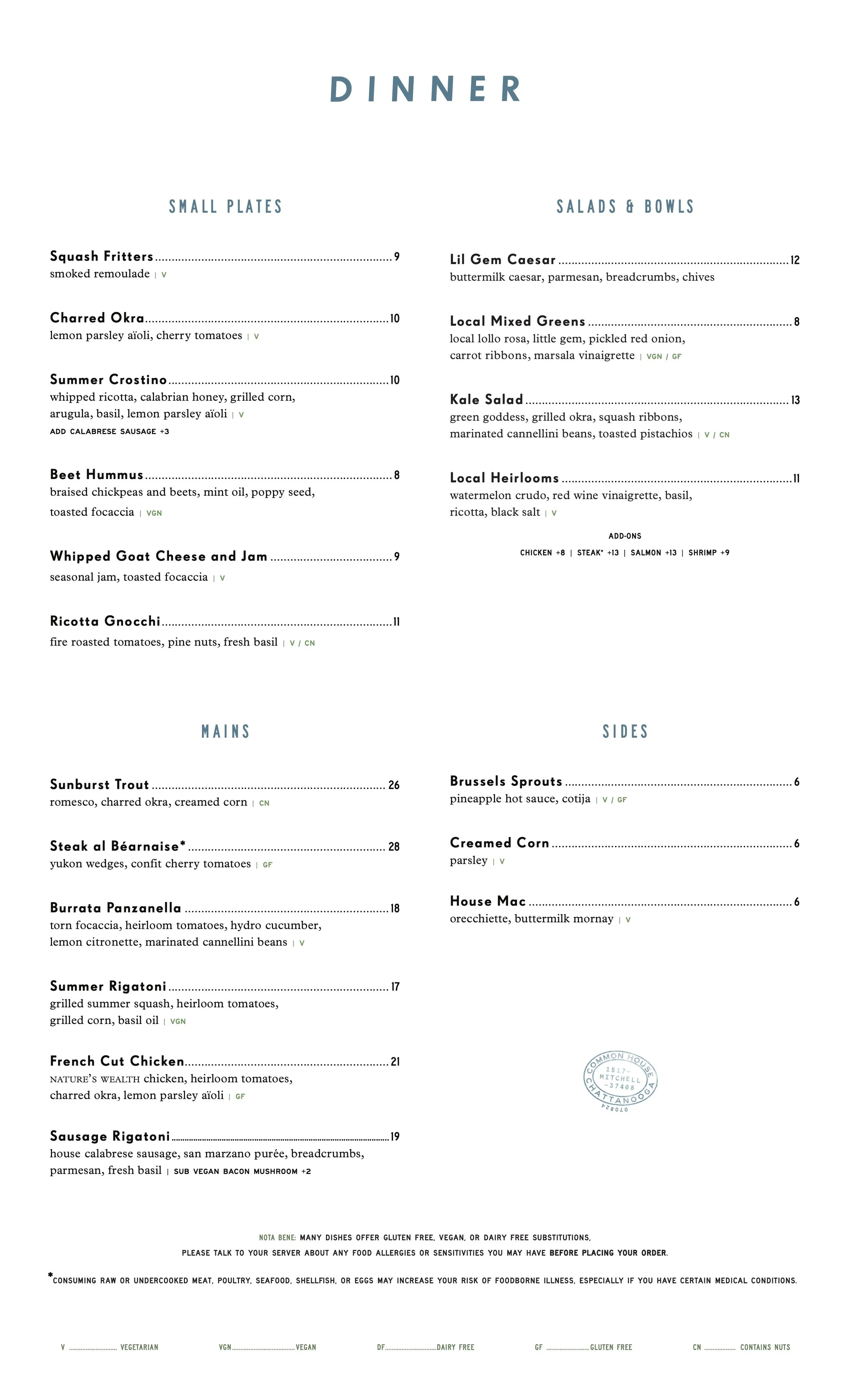 Chattanooga Menu — Common House