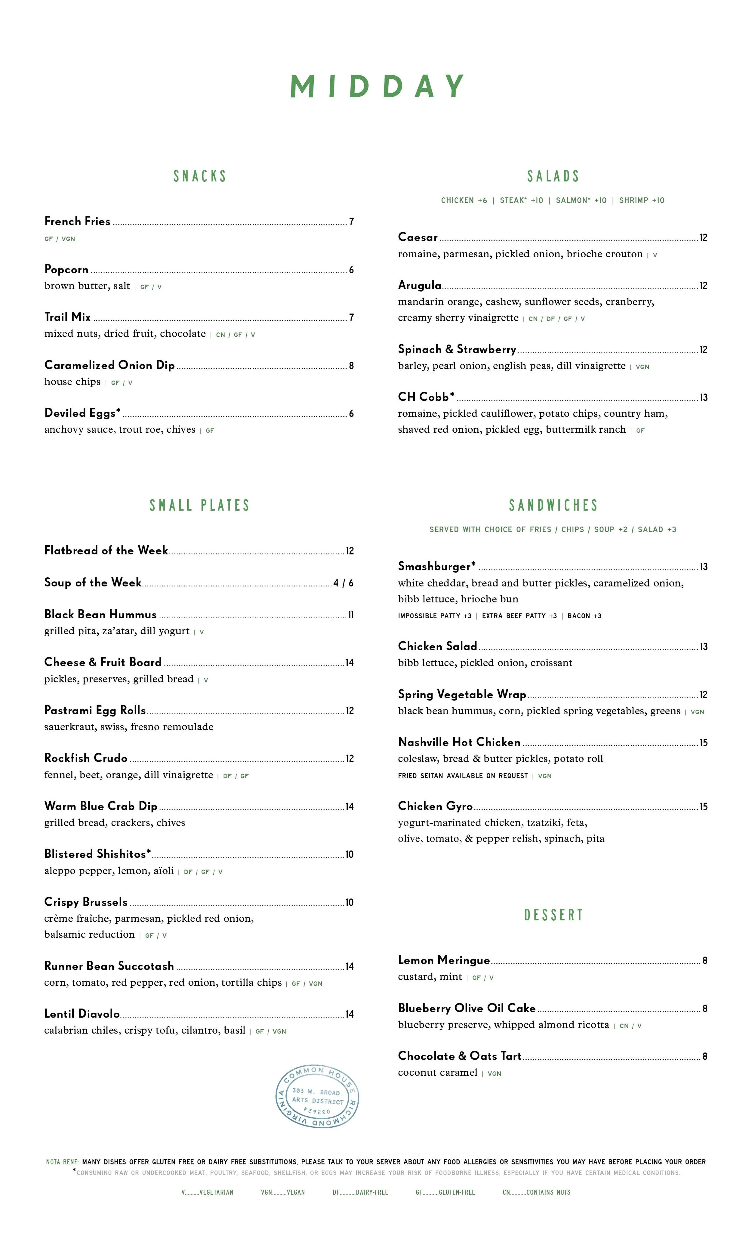 Richmond Menu — Common House