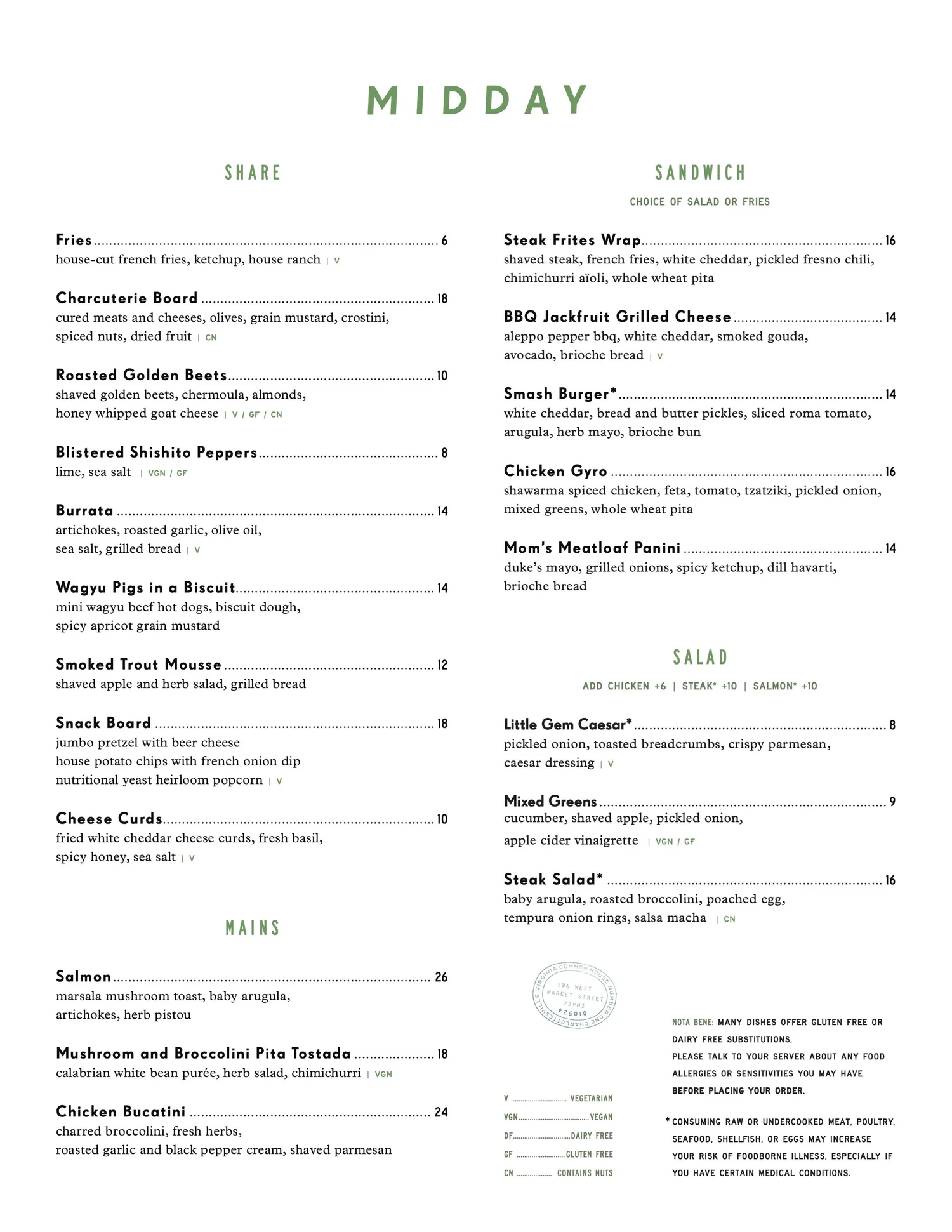 Charlottesville Menu — Common House