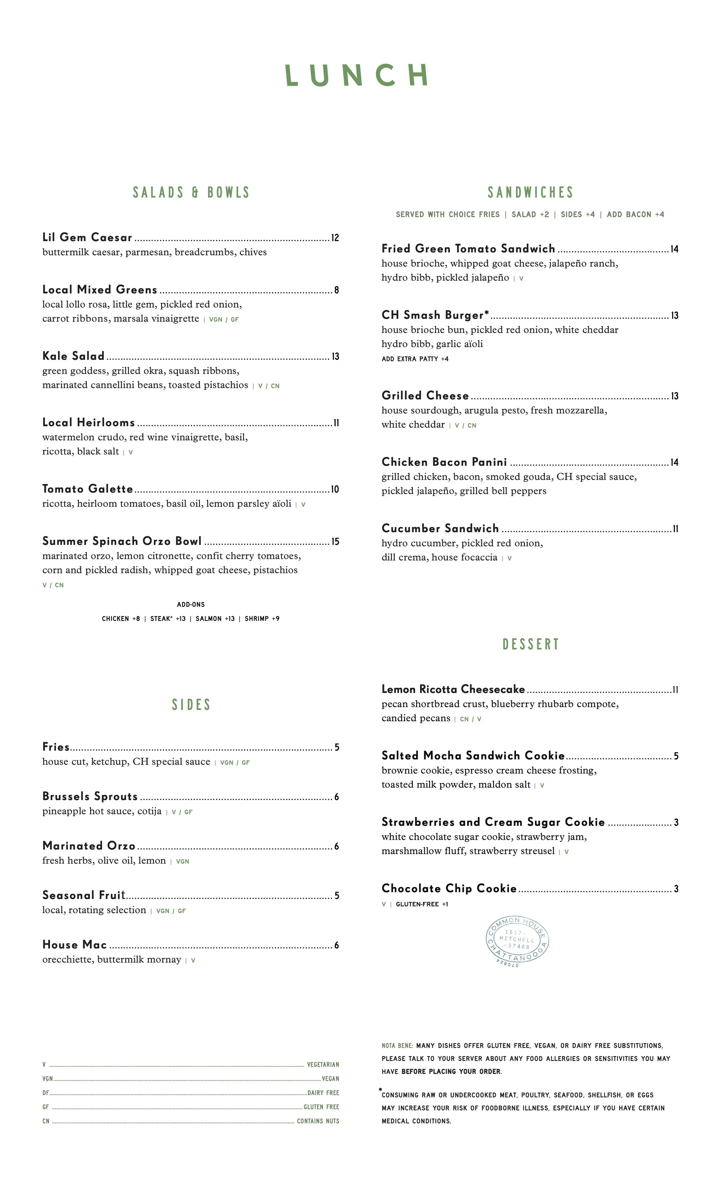 Chattanooga Menu — Common House
