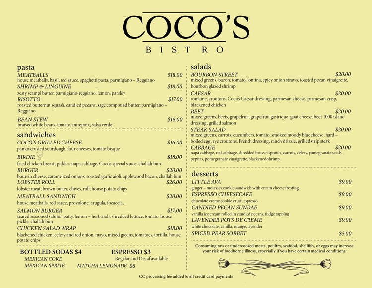 Menu — Coco's Bistro