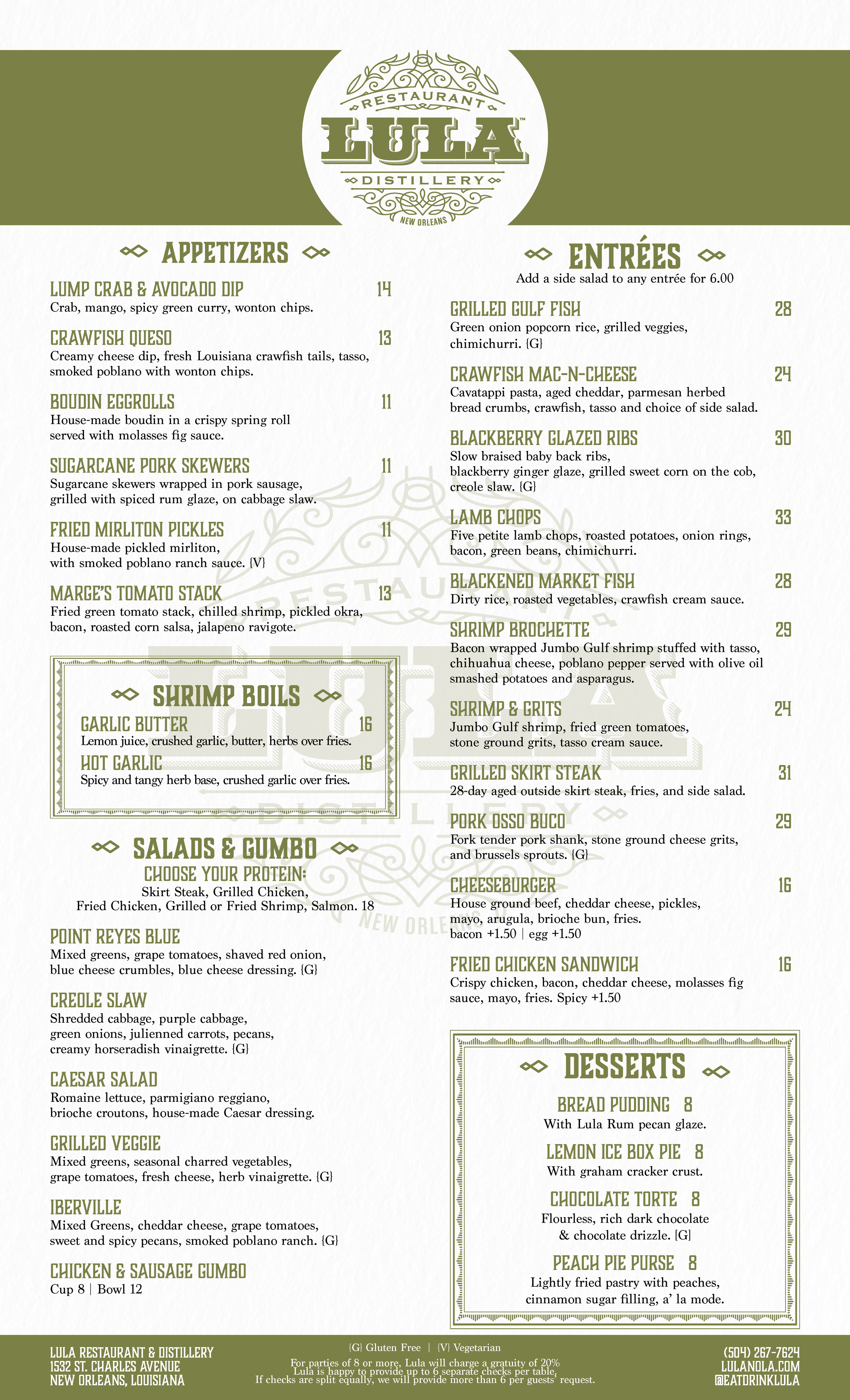 Menu 1 — Lula Restaurant Distillery