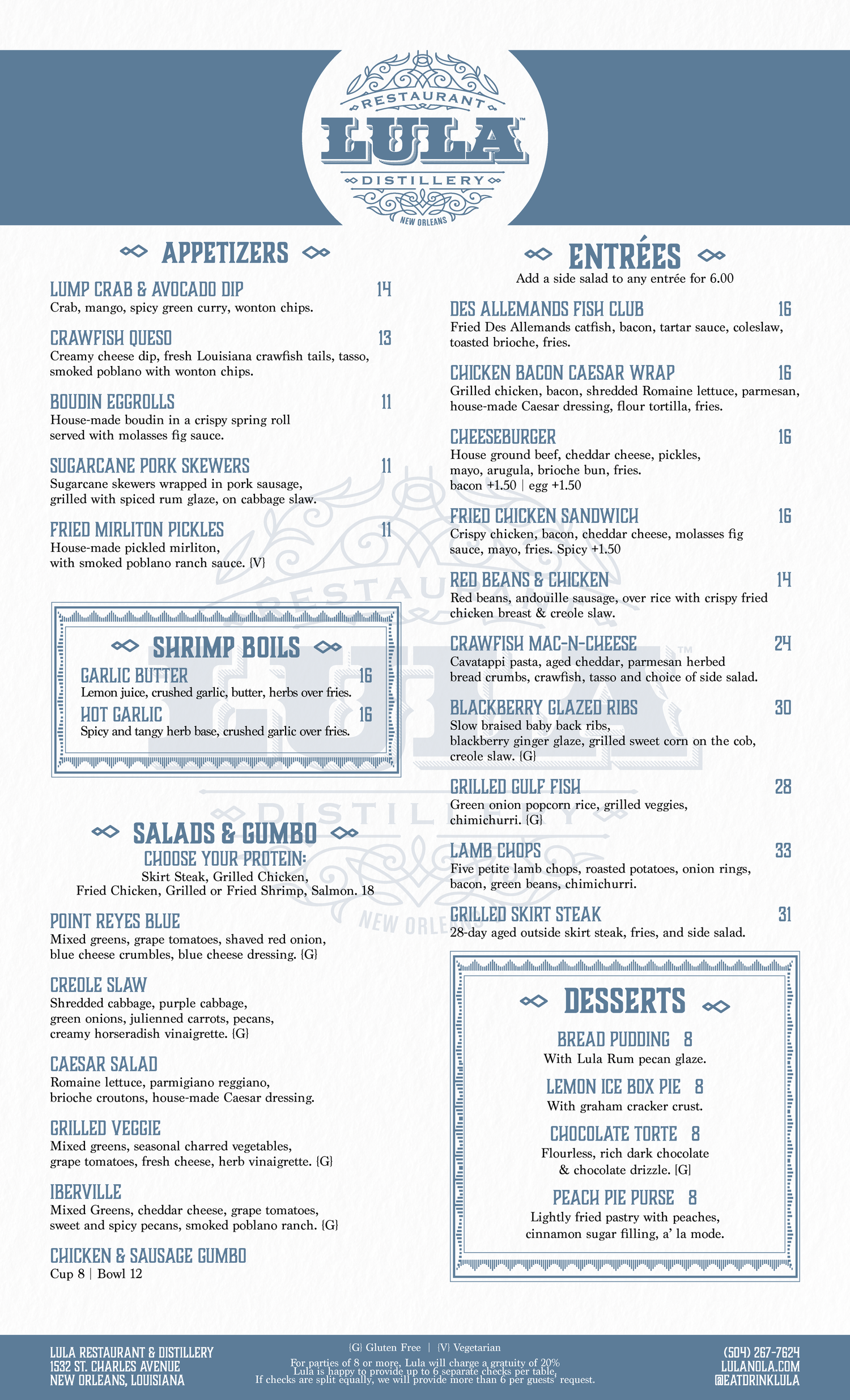 Menu 1 — Lula Restaurant Distillery
