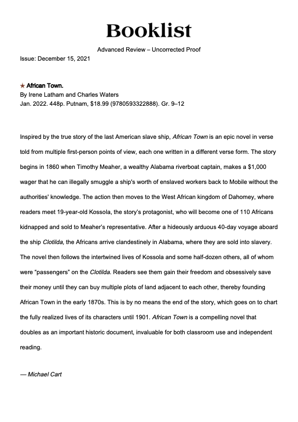 Irene Latham and Charles Waters’ “African Town” Gets Starred Review in ...