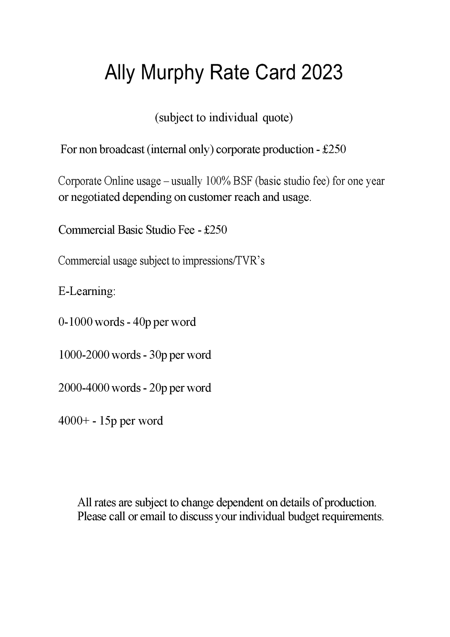 US Based British Female Voice Over Ally Murphy - UK Rate Card - Ally ...