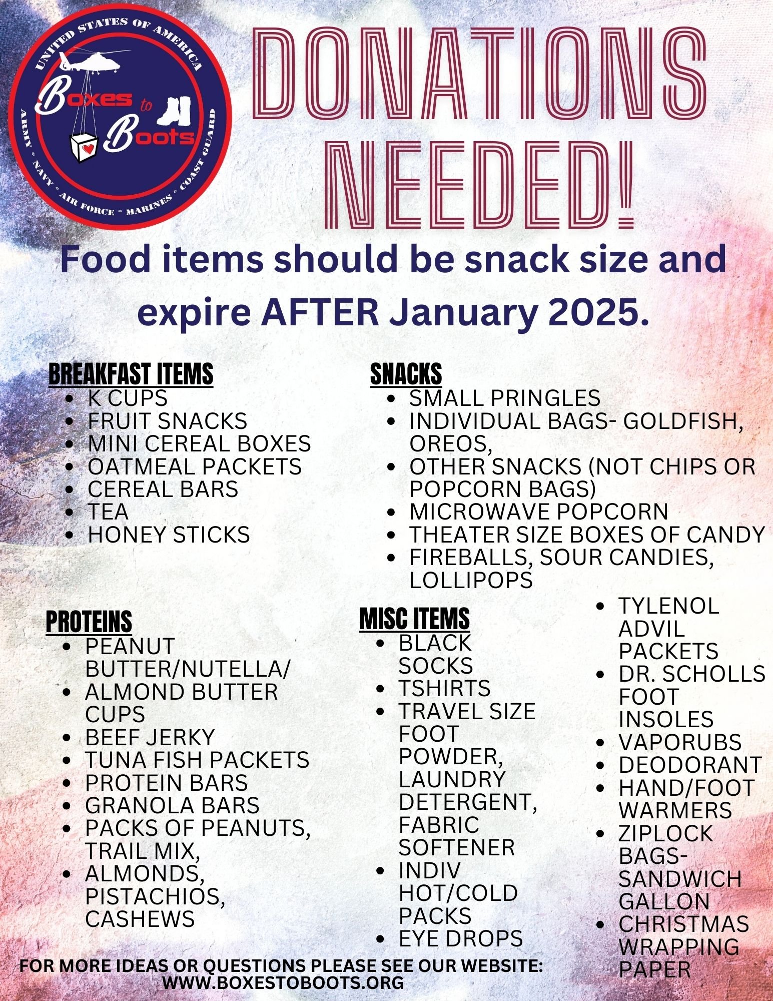 Items Needed — Boxes to Boots