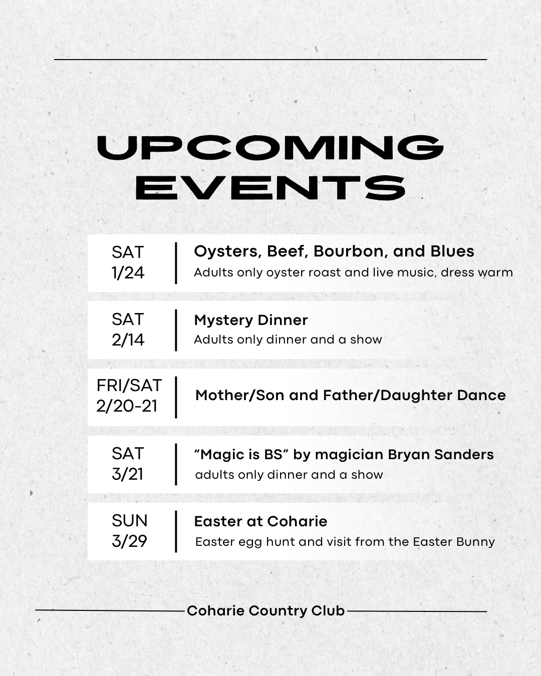 Upcoming Events from the Social Committee — Coharie Country Club