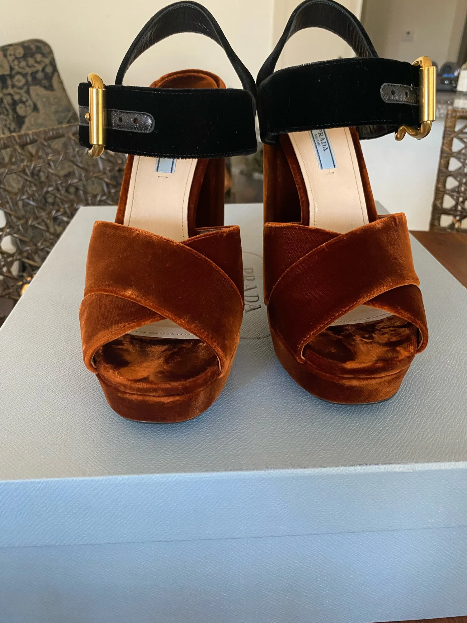 Prada Two Tone Velvet Platform Sandal — LOVEATFIRSTWEAR Prada Two Tone Velvet Platform Sandal — LOVEATFIRSTWEAR