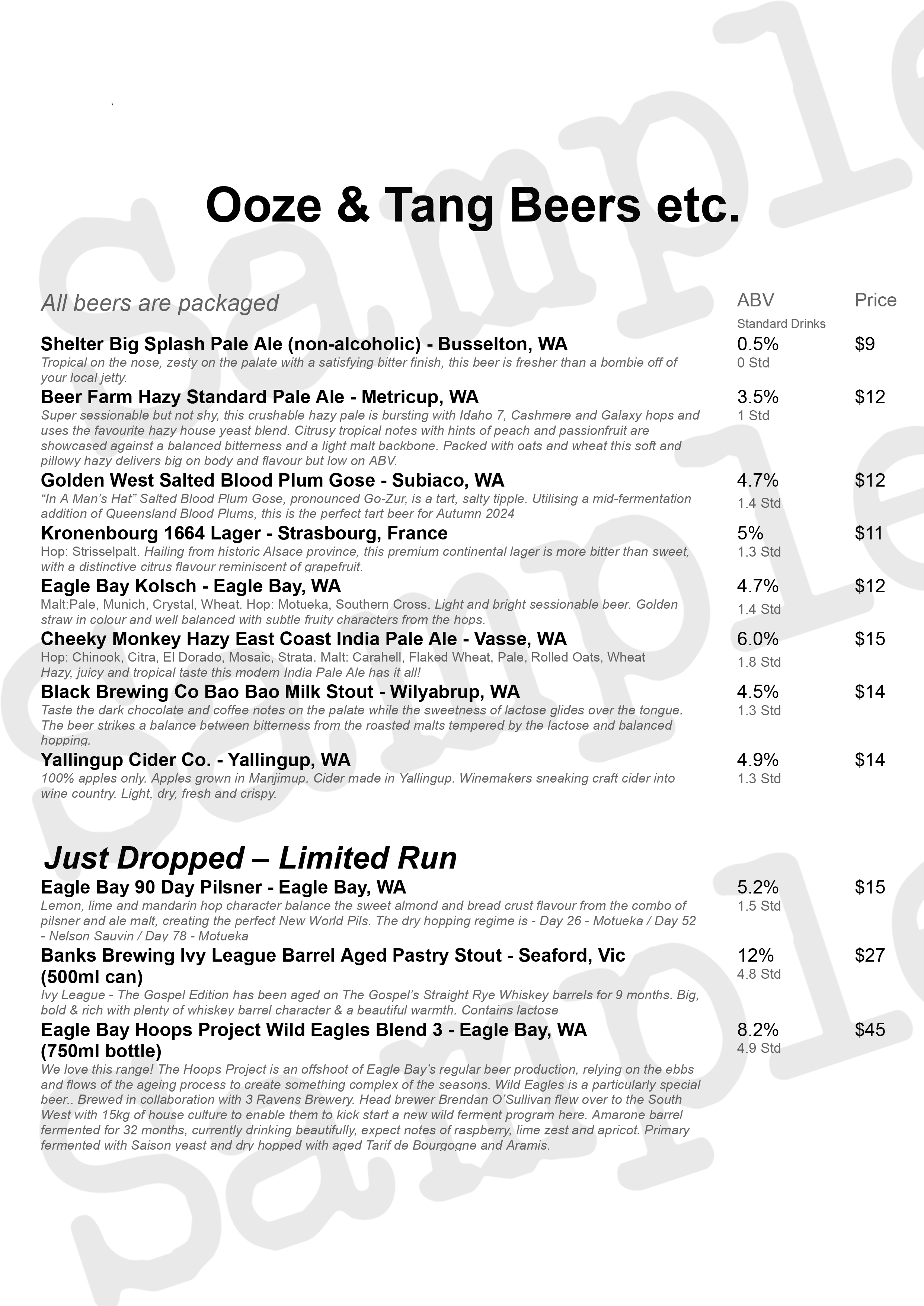 Menu at Ooze and Tang — Ooze and Tang