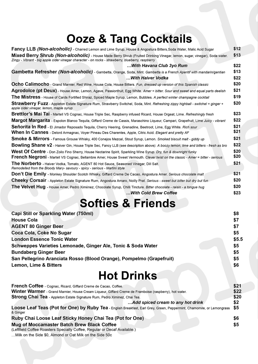 Menu at Ooze and Tang — Ooze and Tang