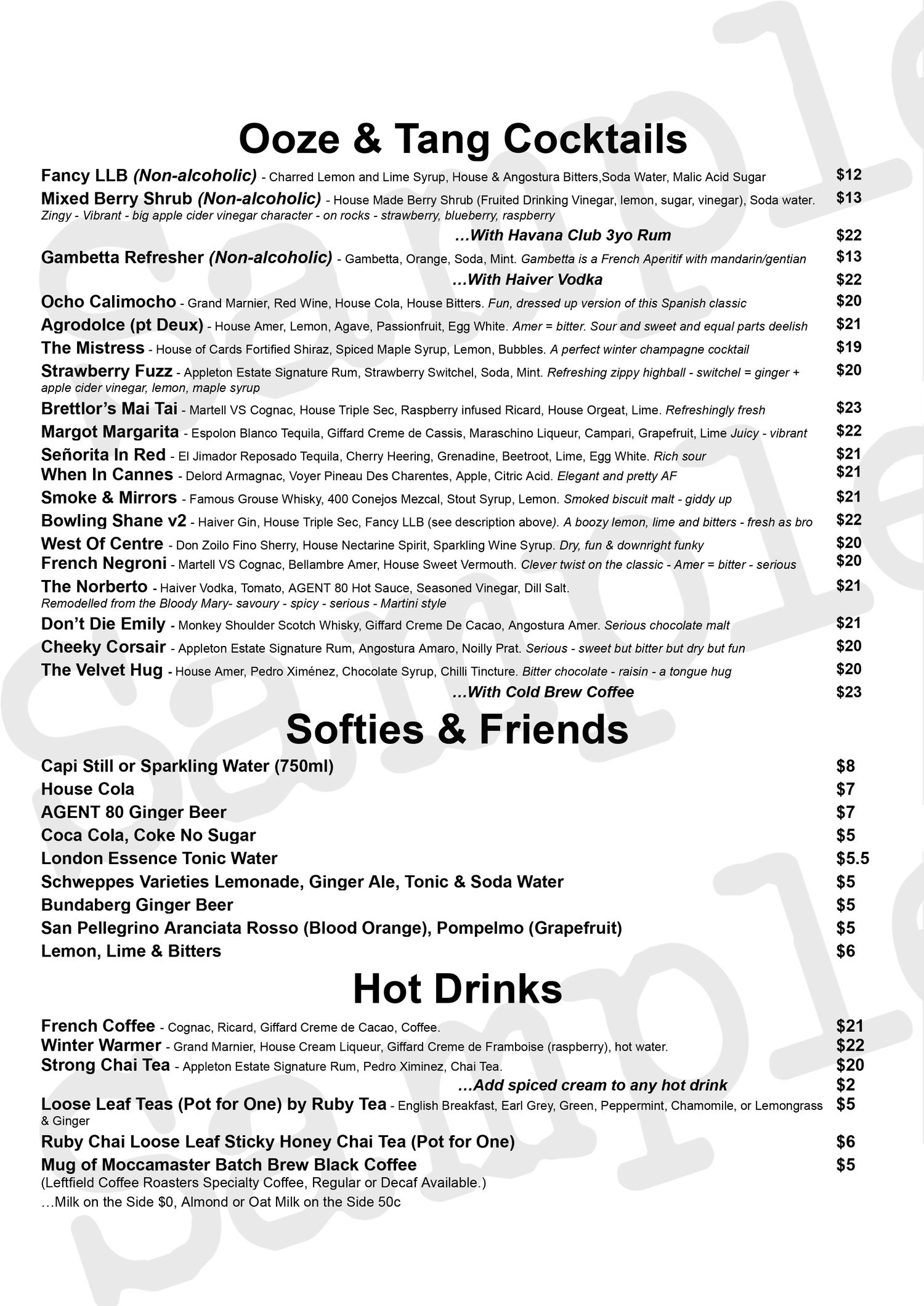 Menu at Ooze and Tang — Ooze and Tang