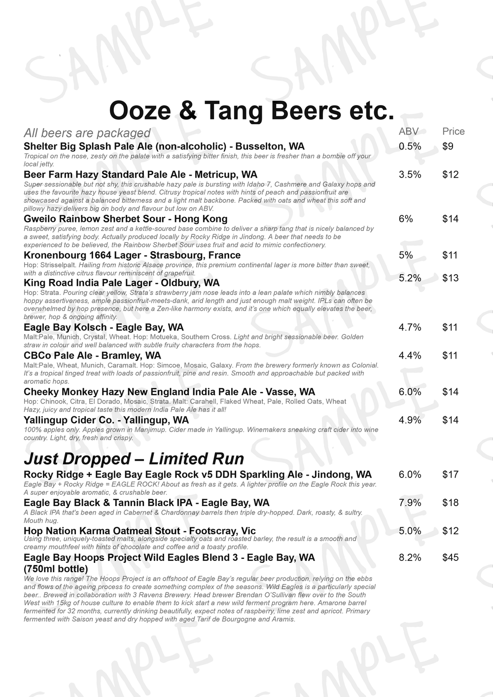 Menu at Ooze and Tang — Ooze and Tang