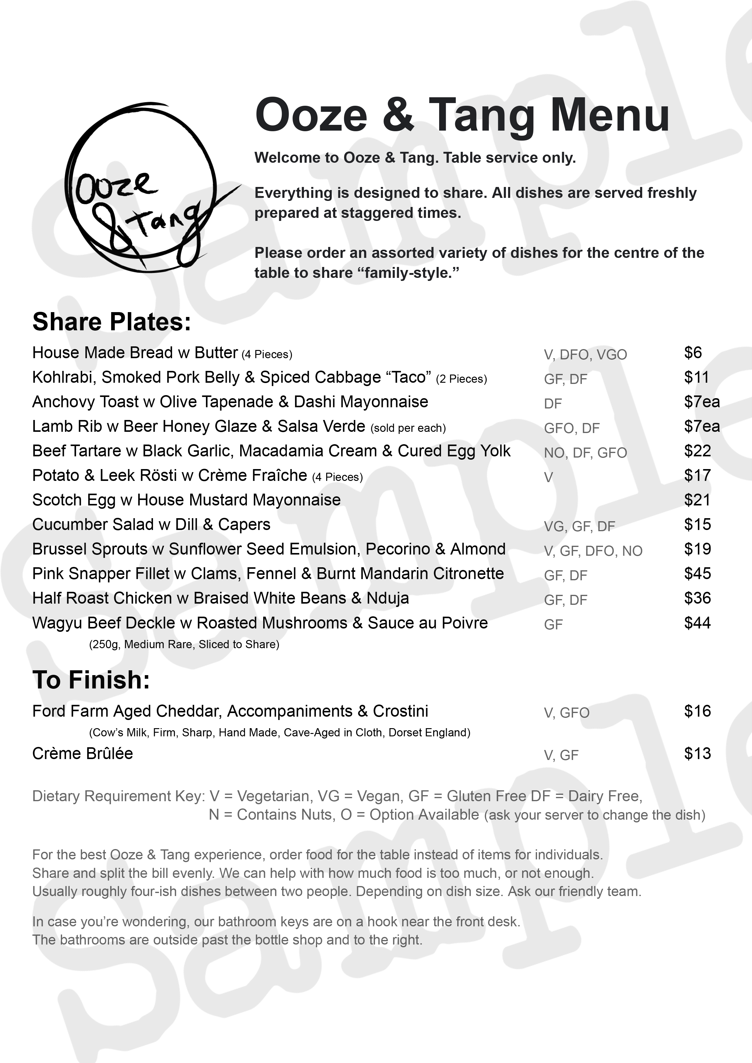 Menu at Ooze and Tang — Ooze and Tang