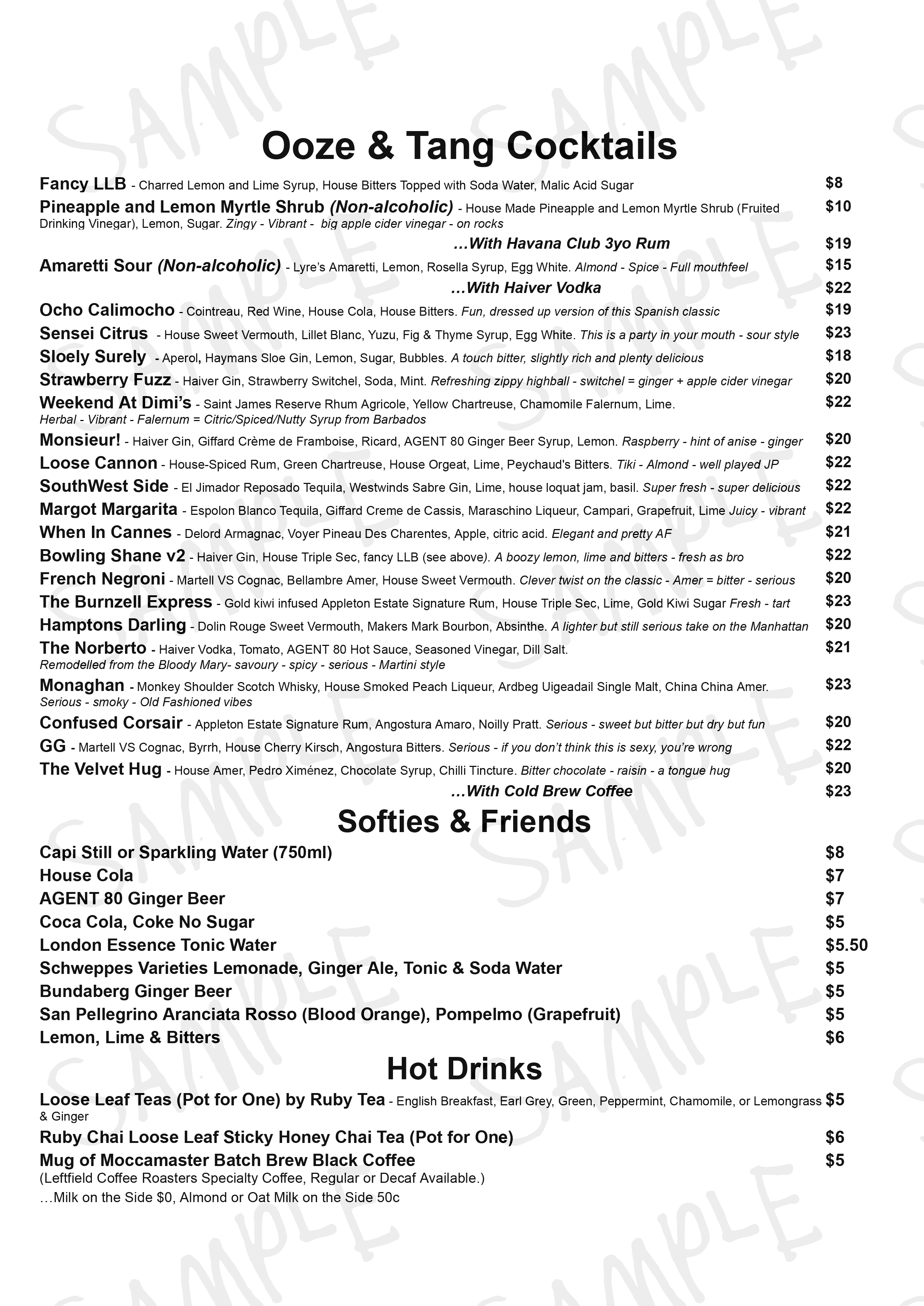 Menu at Ooze and Tang — Ooze and Tang