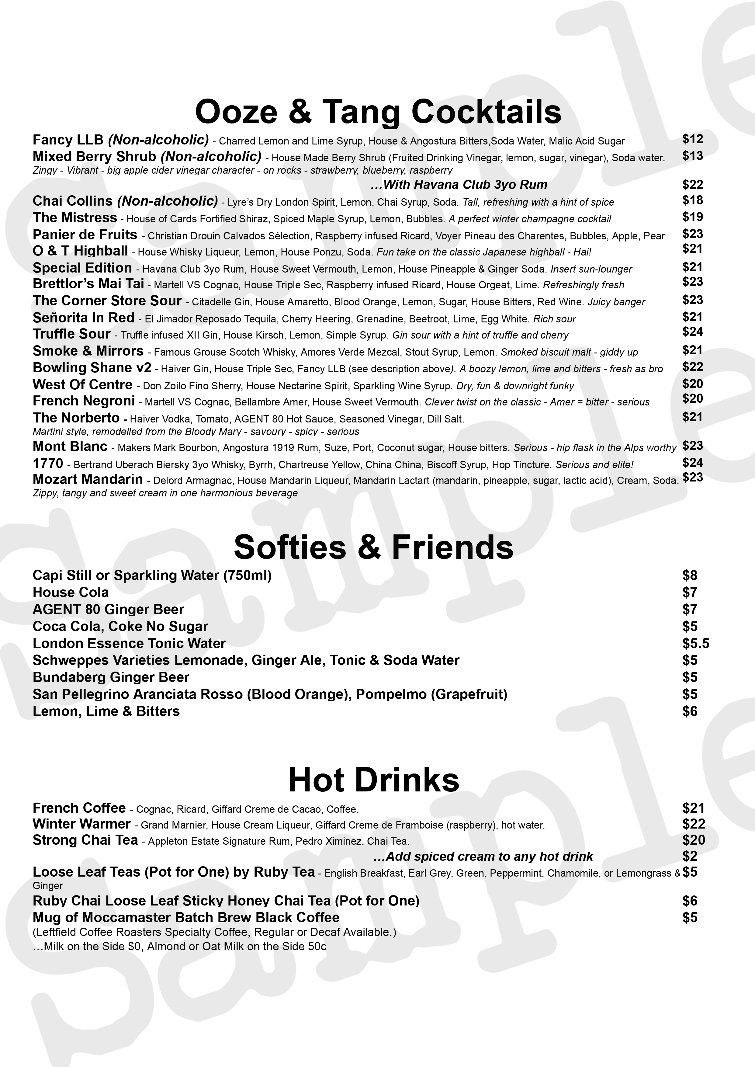 Menu at Ooze and Tang — Ooze and Tang