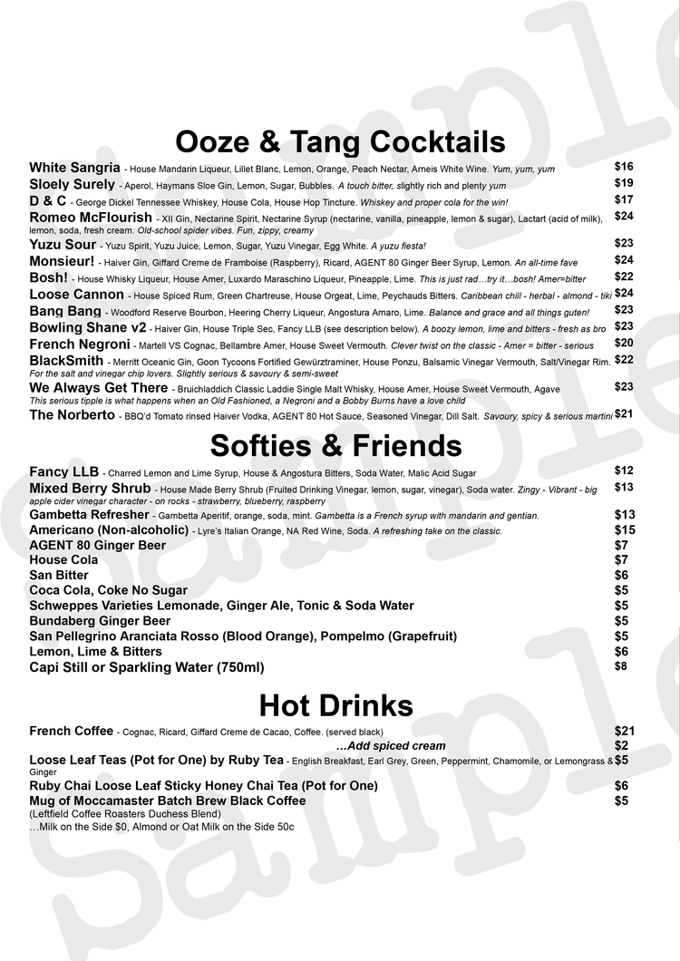Menu at Ooze and Tang — Ooze and Tang