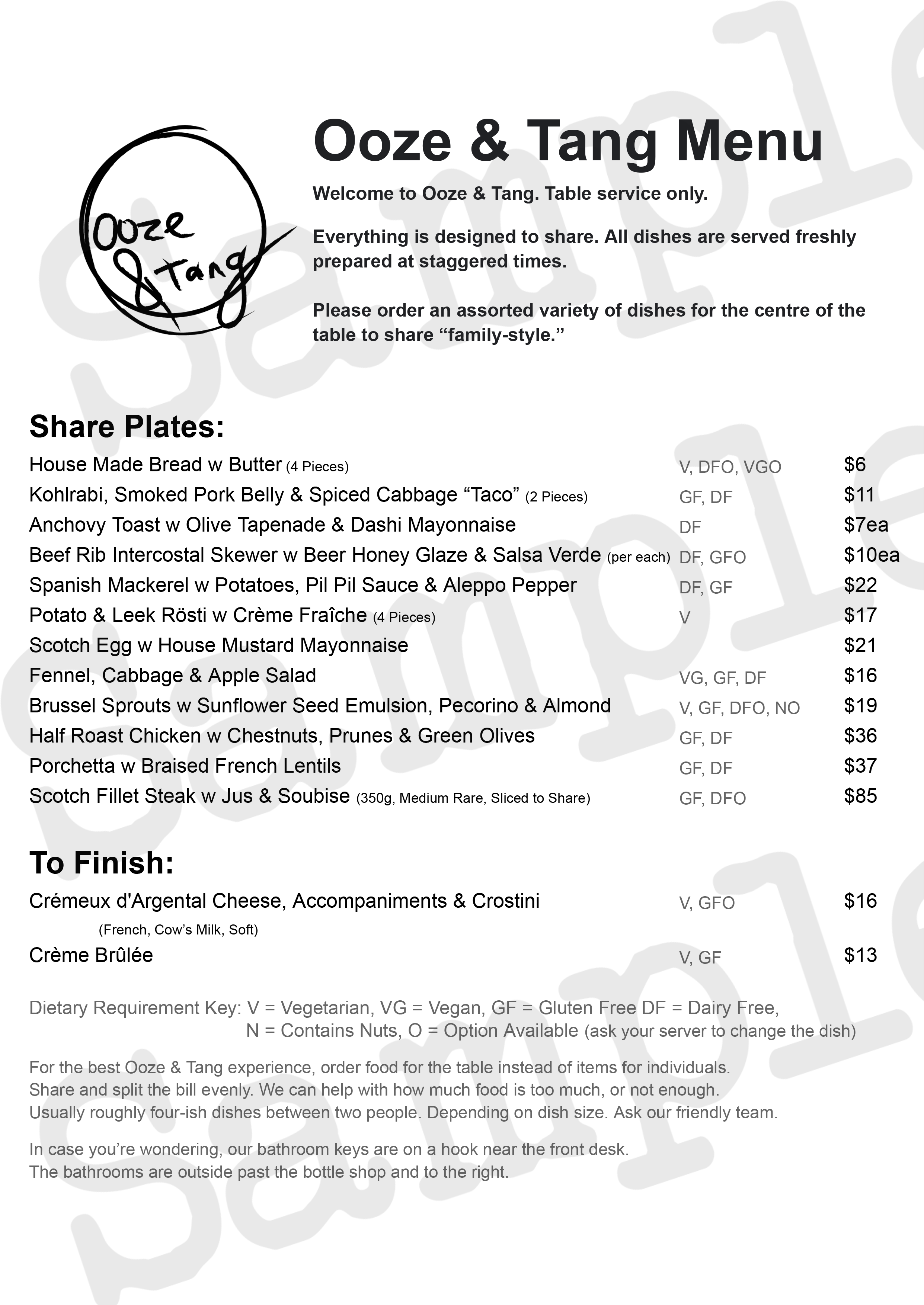 Menu at Ooze and Tang — Ooze and Tang