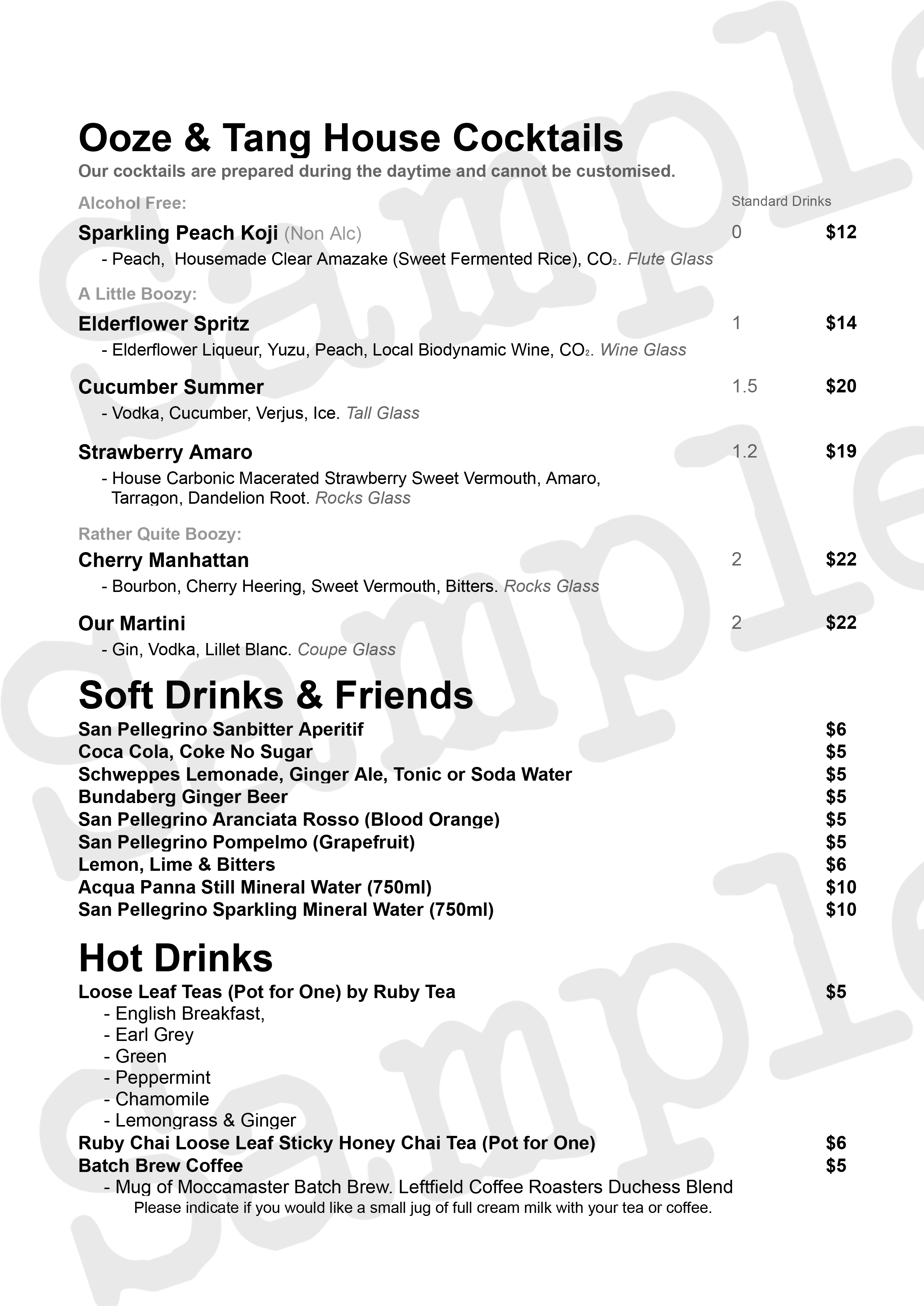 Menu at Ooze and Tang — Ooze and Tang